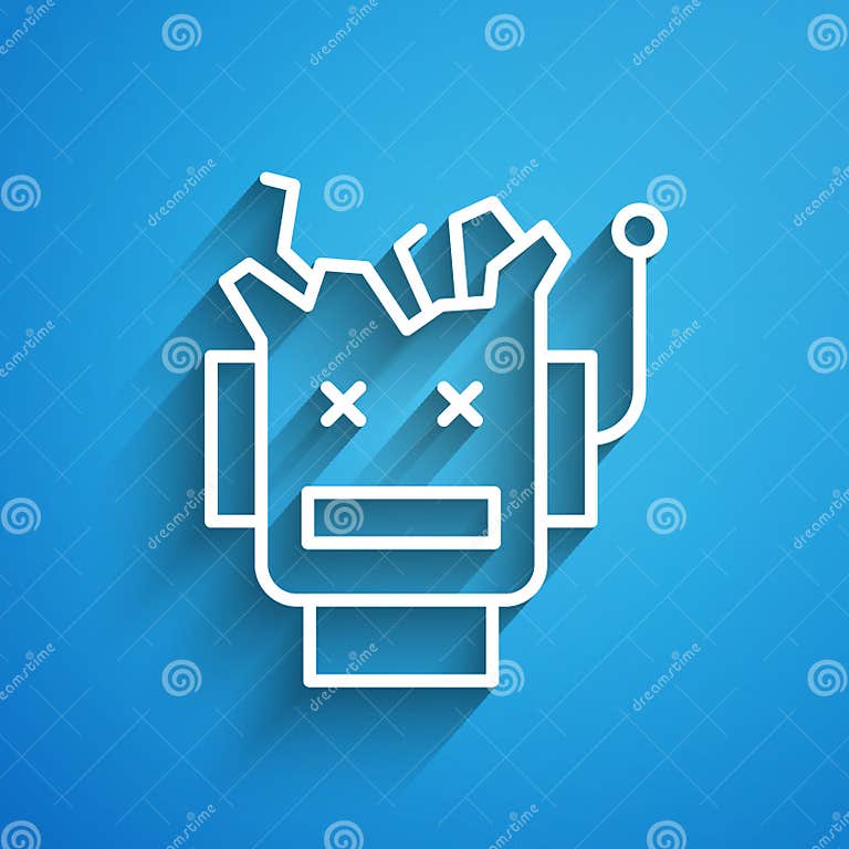 White Line Broken Robot Icon Isolated on Blue Background. Artificial ...