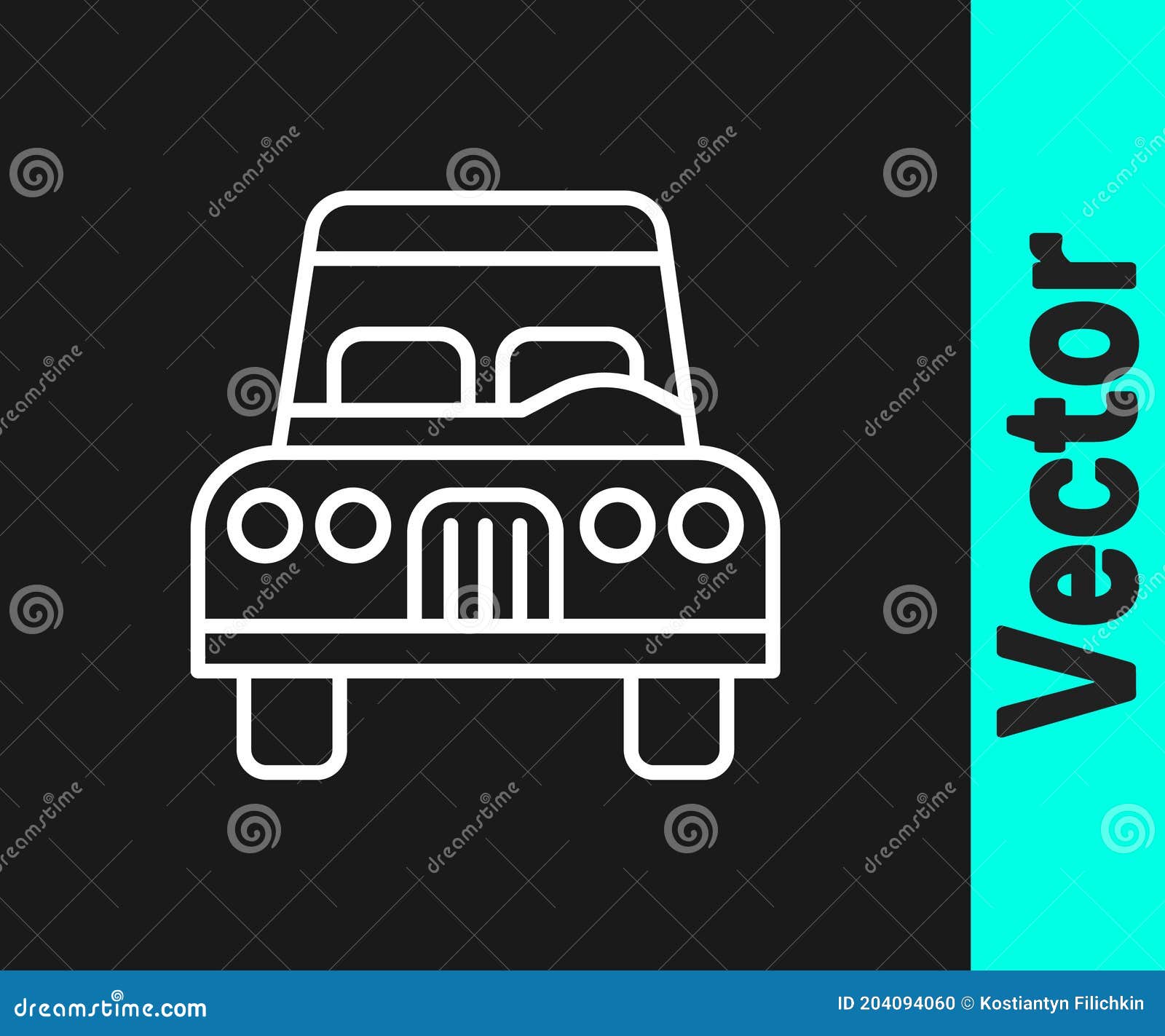 White Line Car Icon Isolated on Black Background. Front View Stock ...