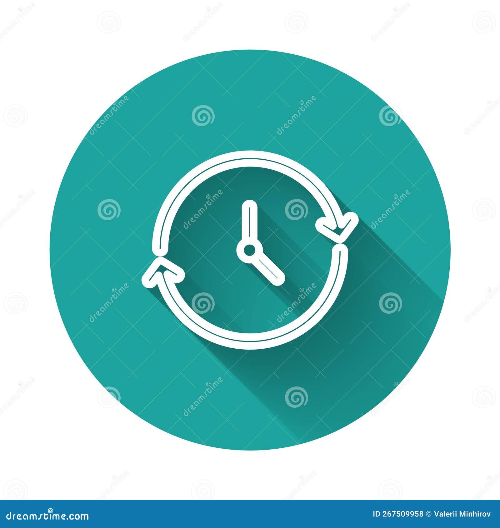 White Line Clock Icon Isolated with Long Shadow. Time Symbol. Green ...