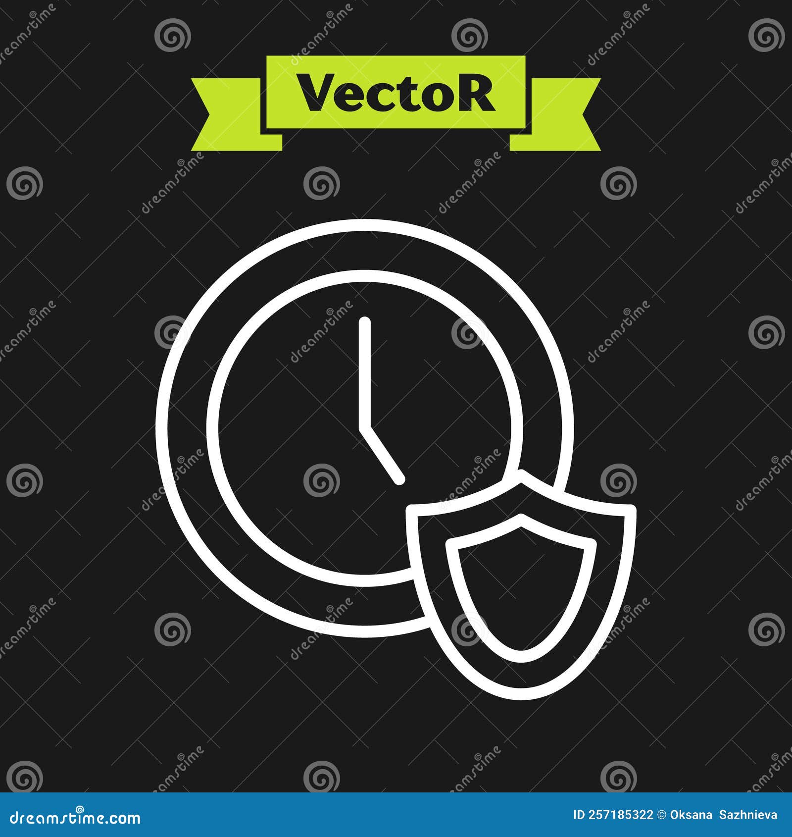 White Line Clock with Shield Icon Isolated on Black Background ...