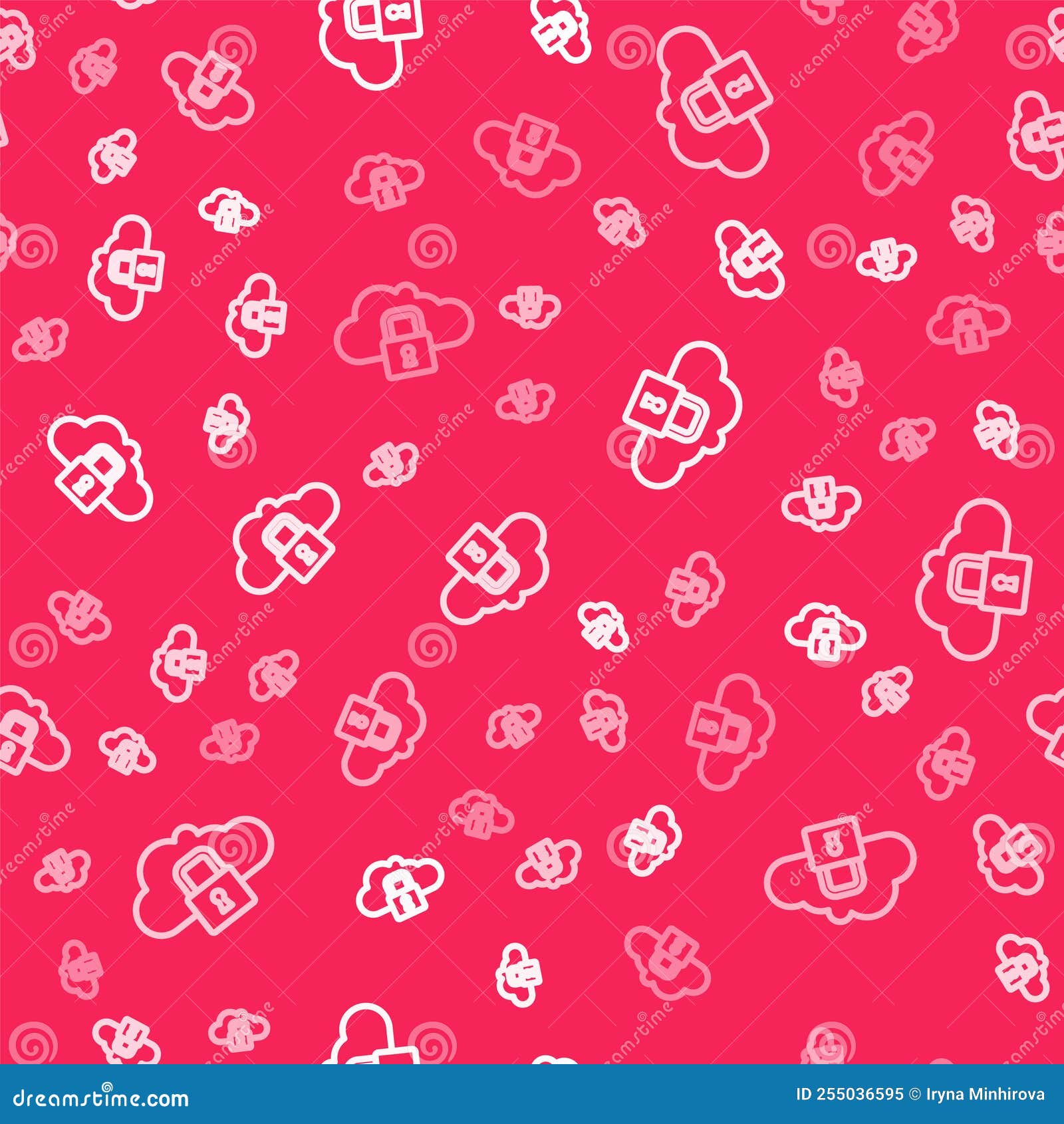 White Line Cloud Computing Lock Icon Isolated Seamless Pattern on Red Background. Security ...