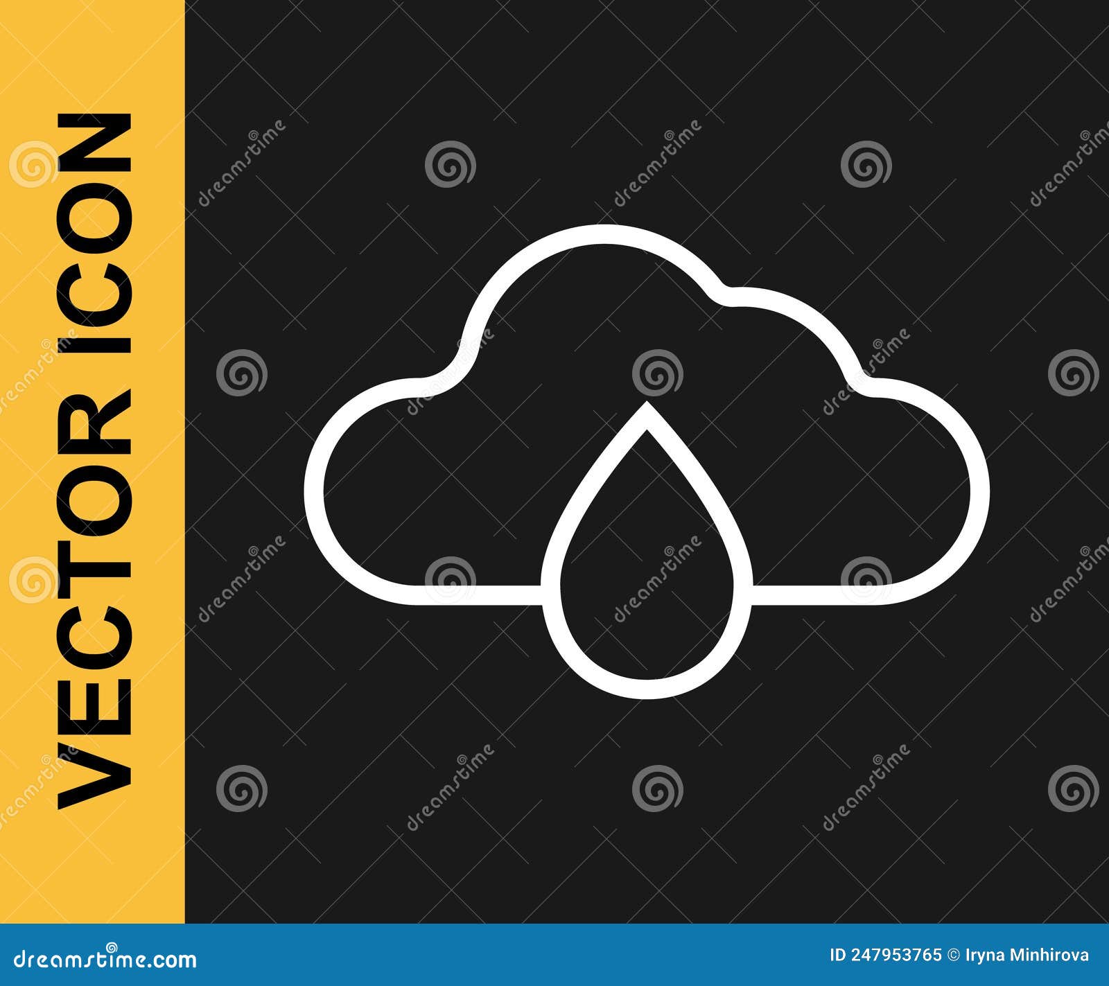 White Line Cloud with Rain Icon Isolated on Black Background. Rain ...