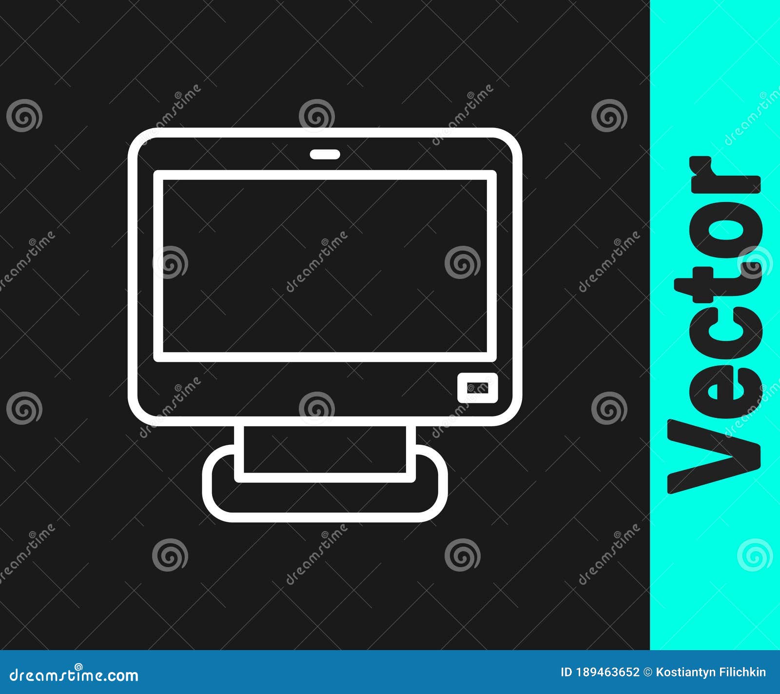 White Line Computer Monitor Screen Icon Isolated on Black Background ...