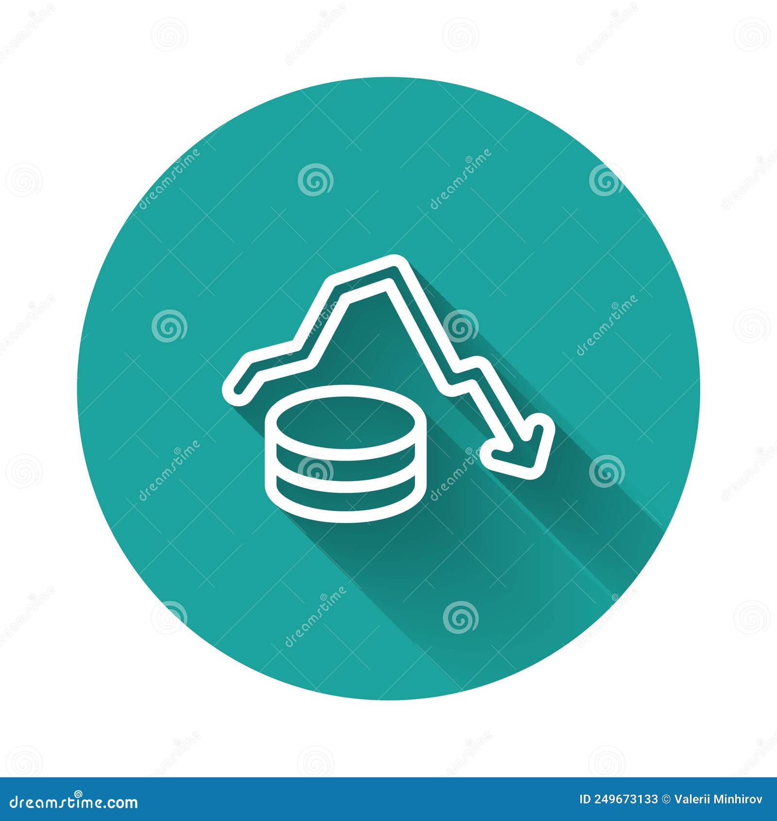 White Line Dollar Rate Decrease Icon Isolated with Long Shadow Background. Cost Reduction Stock ...