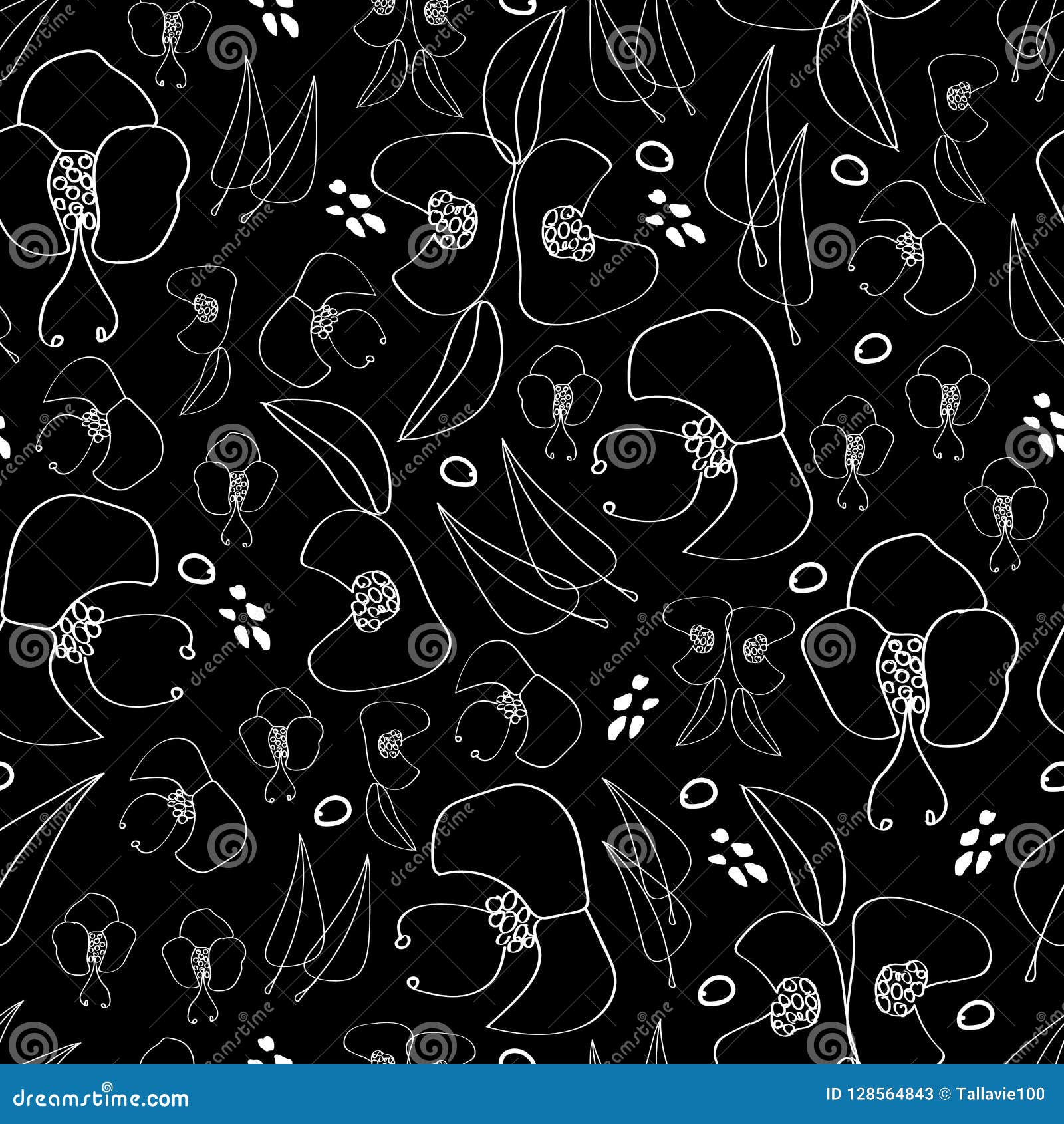 White Line Flowers on Black Background-Monochromatic Flowers Seamles ...