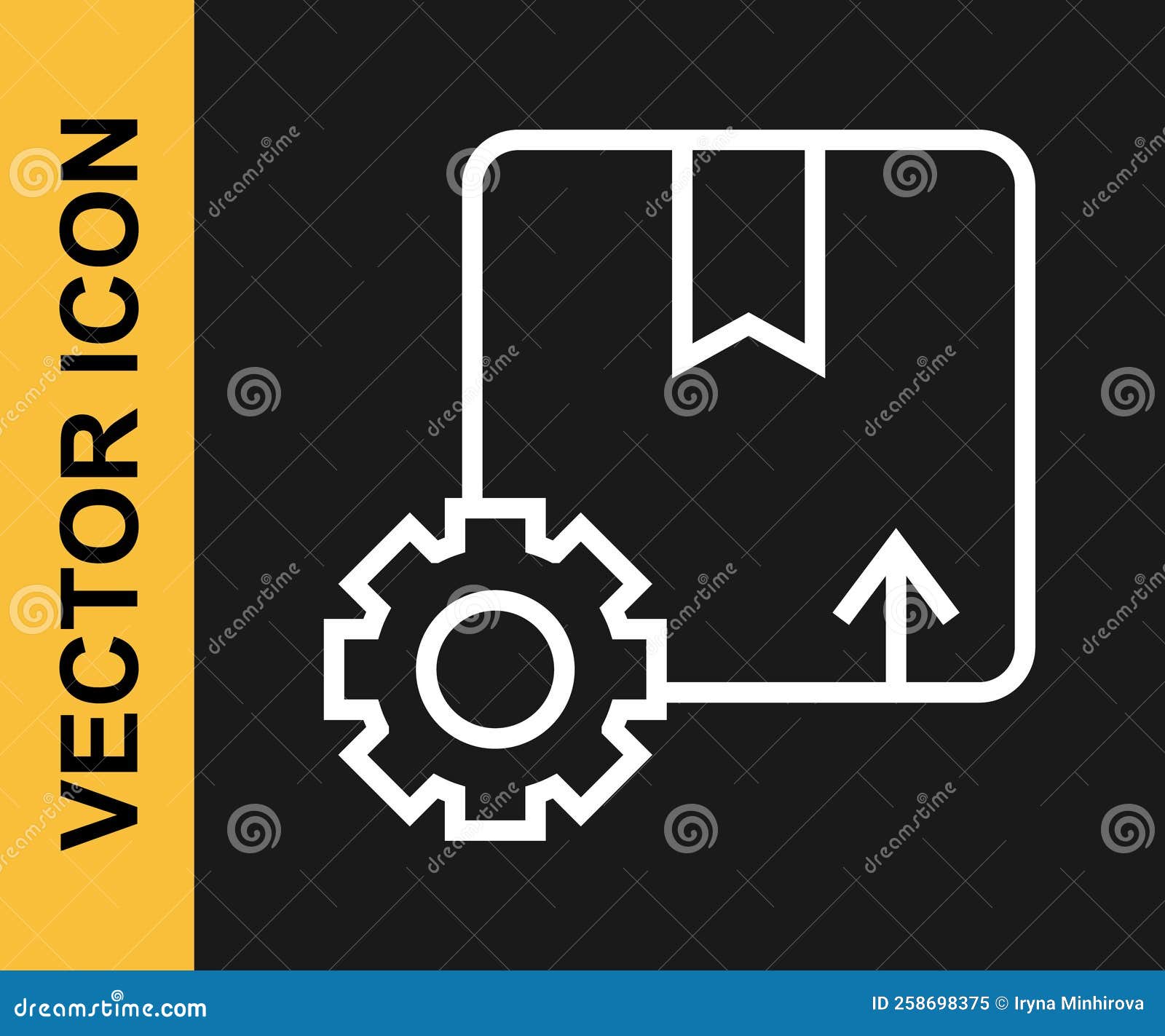 White Line Gear Wheel with Package Box Icon Isolated on Black ...