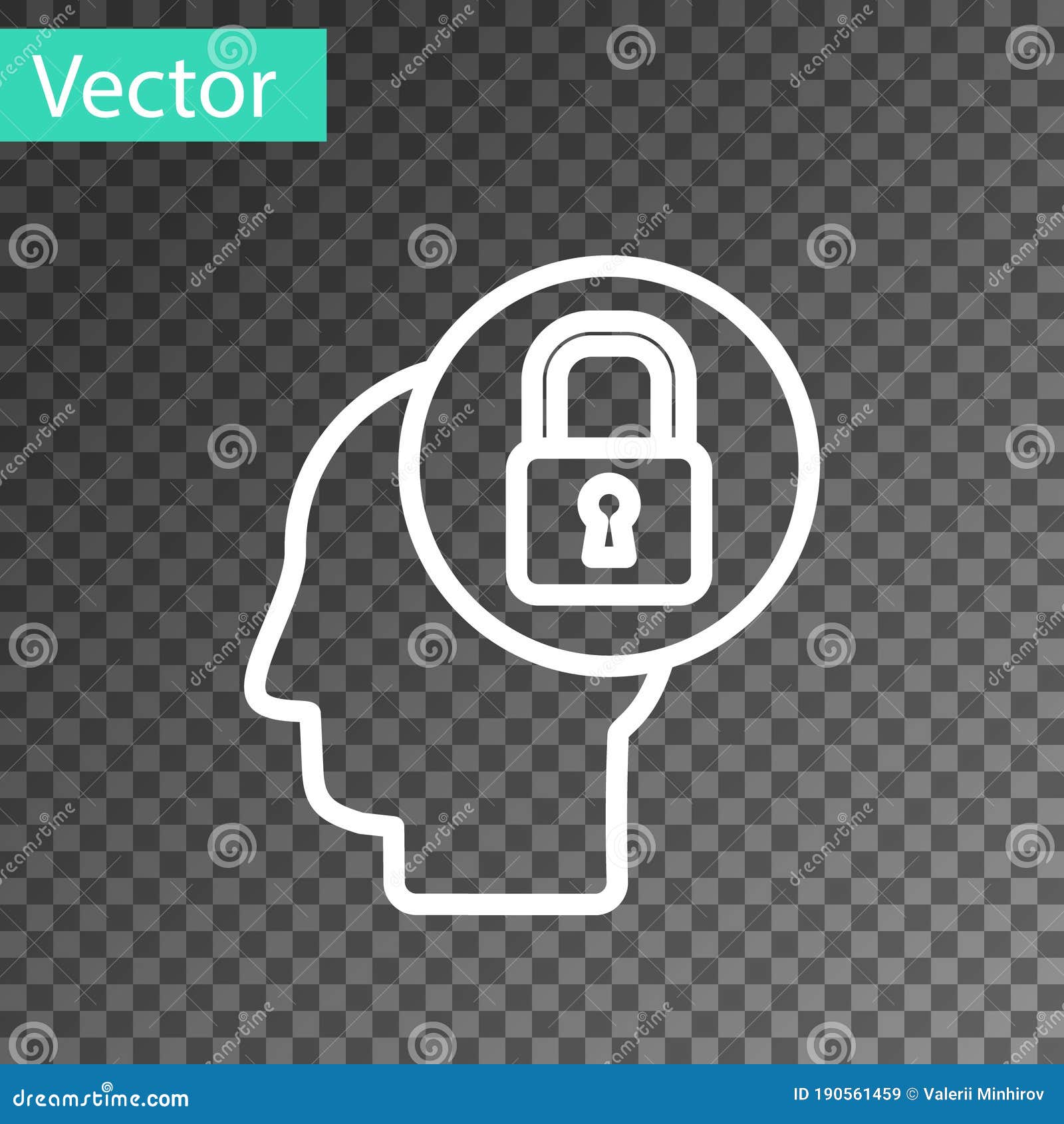 White Line Human Head with Lock Icon Isolated on Transparent Background ...