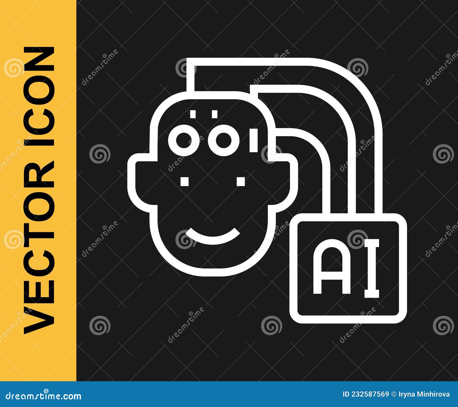 White Line Humanoid Robot Icon Isolated on Black Background. Artificial ...