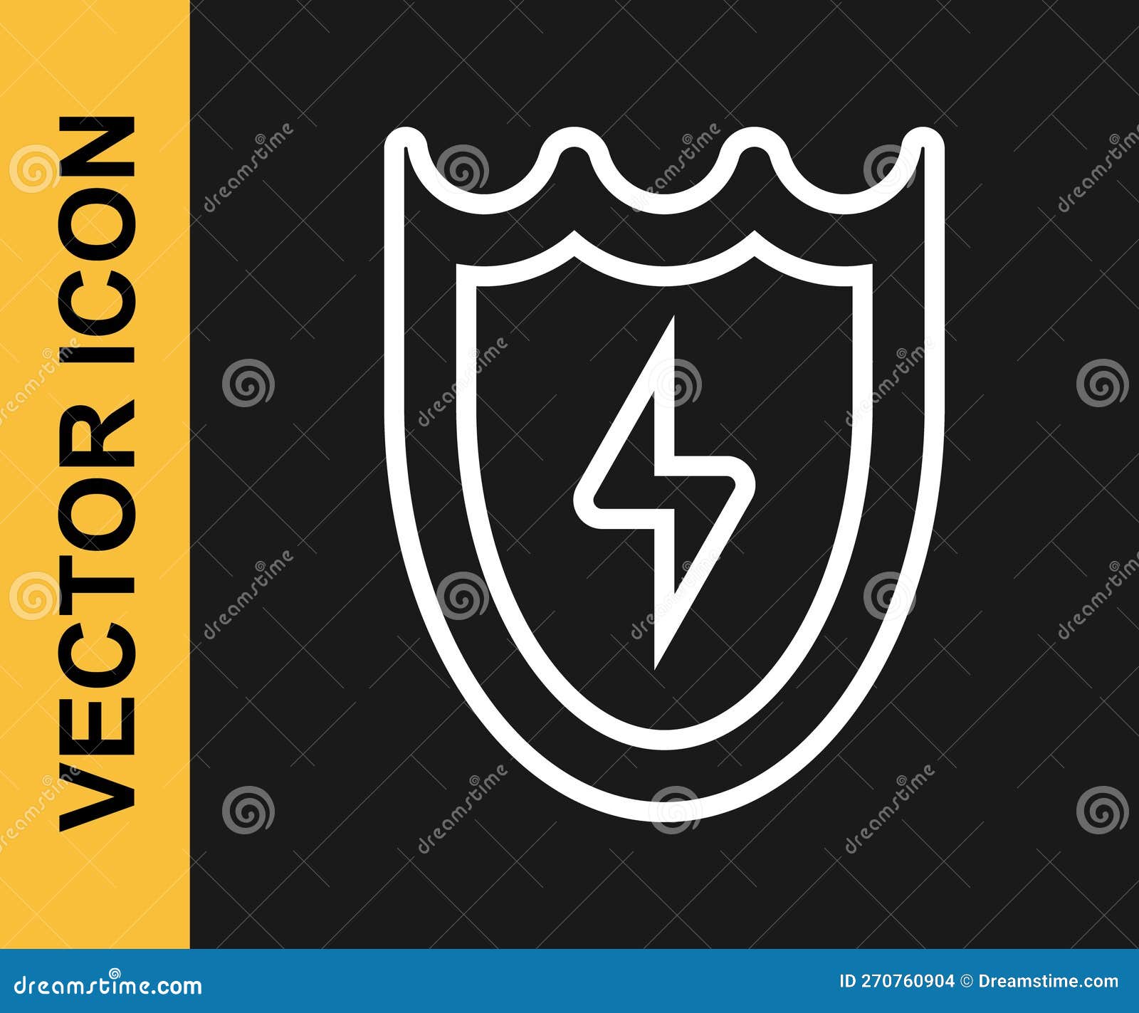 White Line Lightning and Shield Icon Isolated on Black Background. High ...