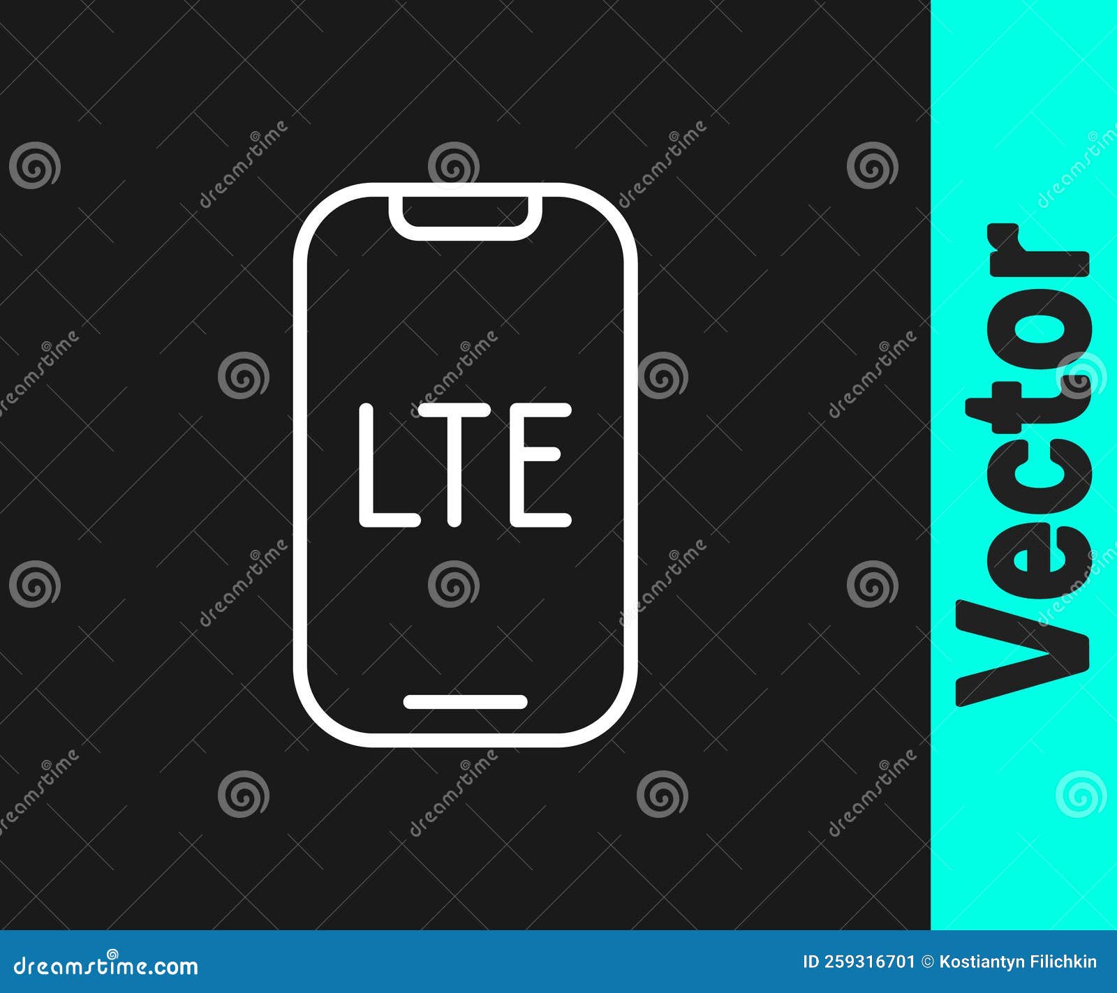 White Line LTE Network Icon Isolated on Black Background. Vector Stock ...