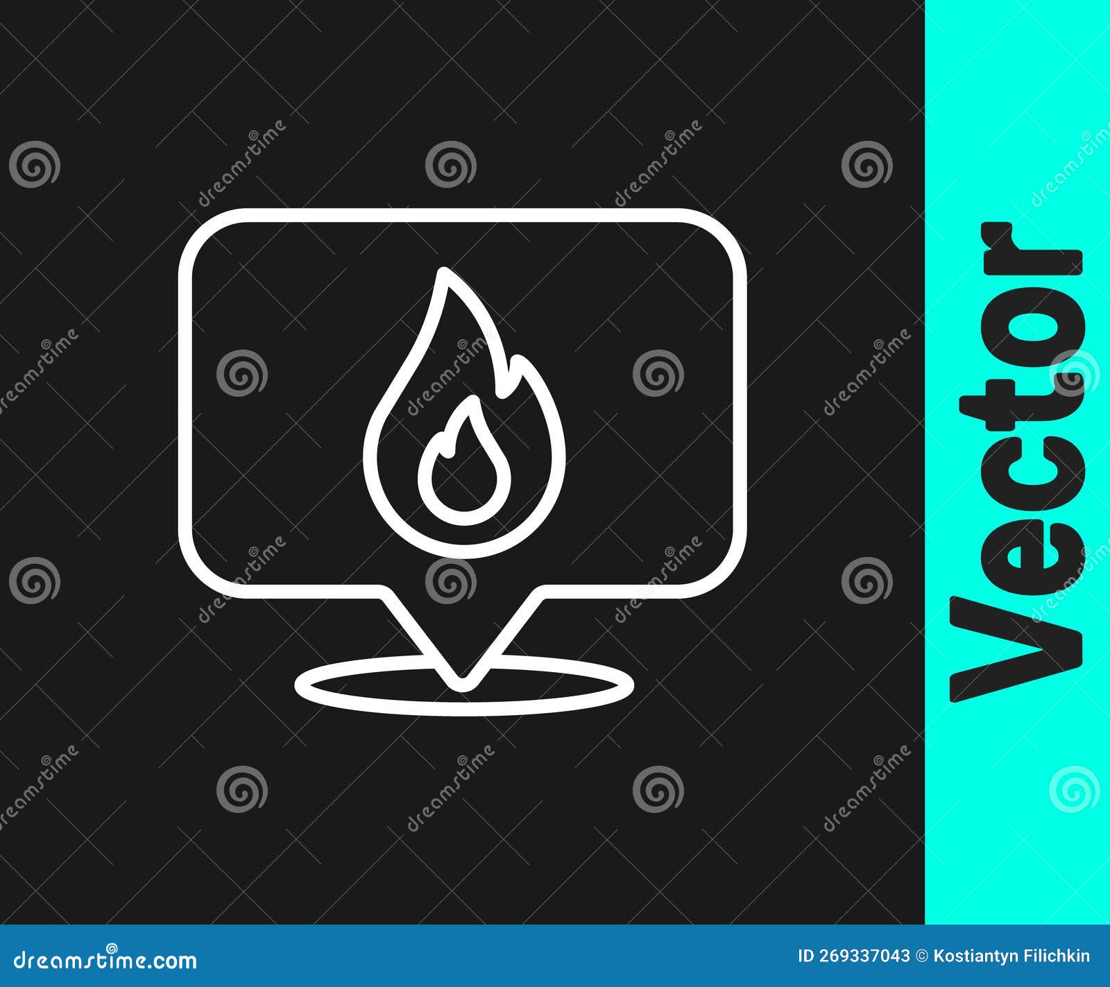 White Line Map Pointer with Fire Flame Icon Isolated on Black ...