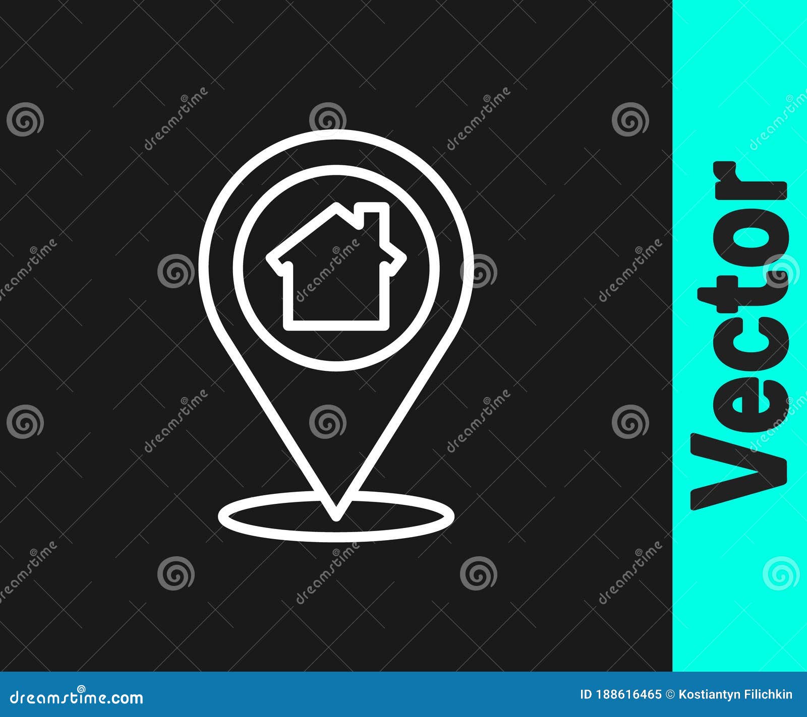 White Line Map Pointer with House Icon Isolated on Black Background ...