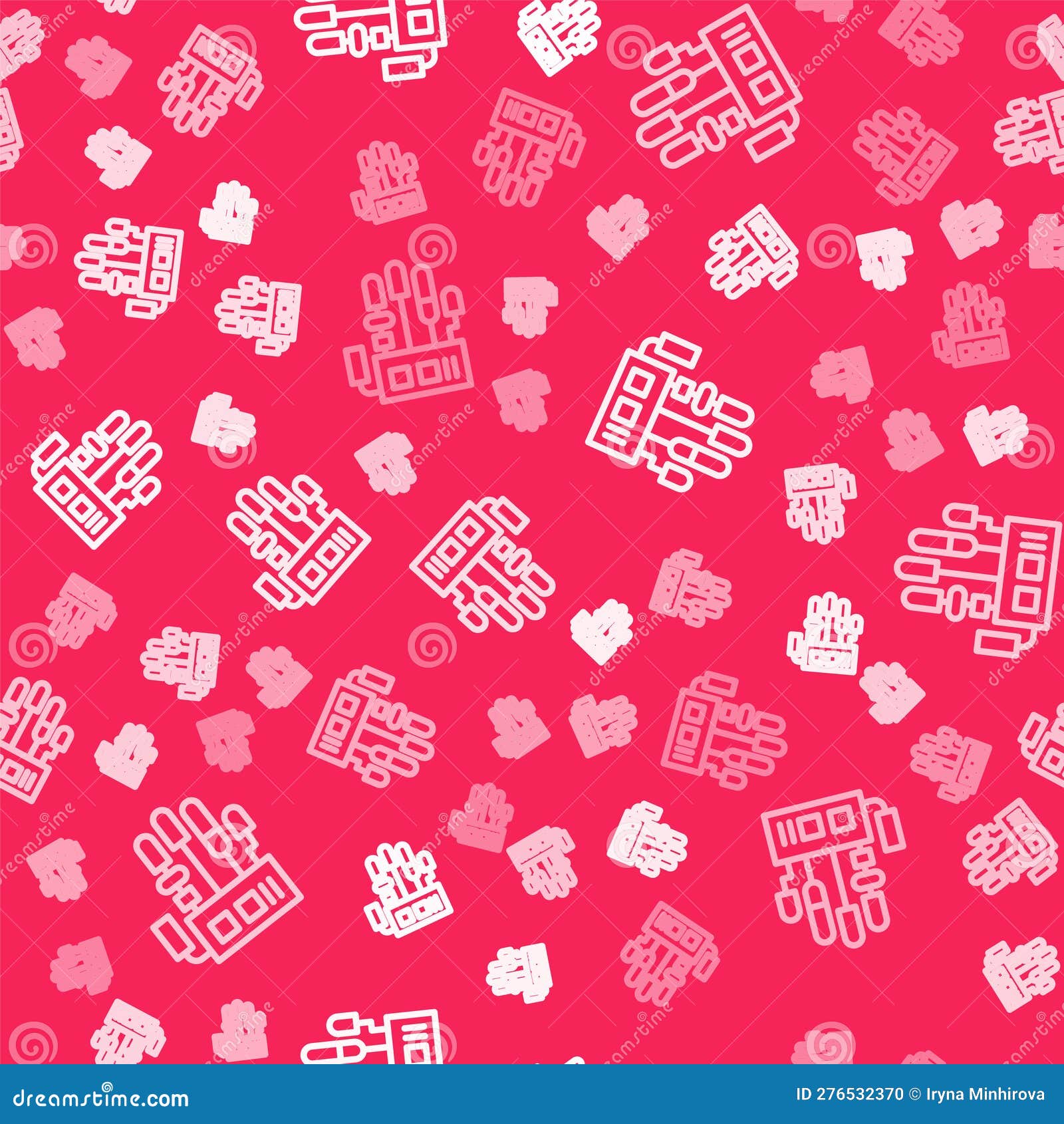 White Line Mechanical Robot Hand Icon Isolated Seamless Pattern on Red ...