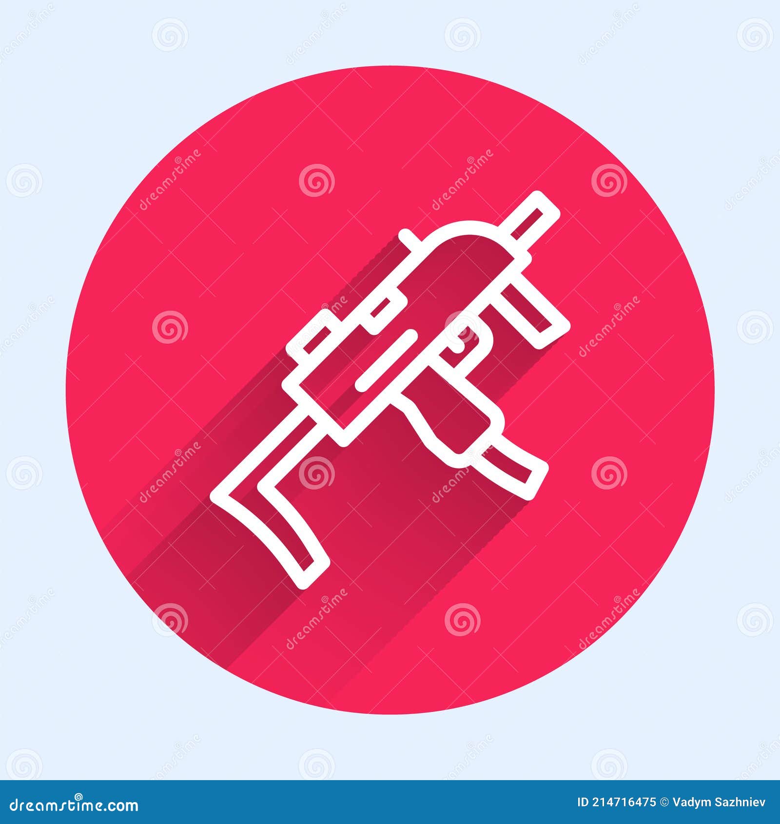 White Line MP9 Submachine Gun Icon Isolated with Long Shadow. Automatic Weapon. Red Circle ...