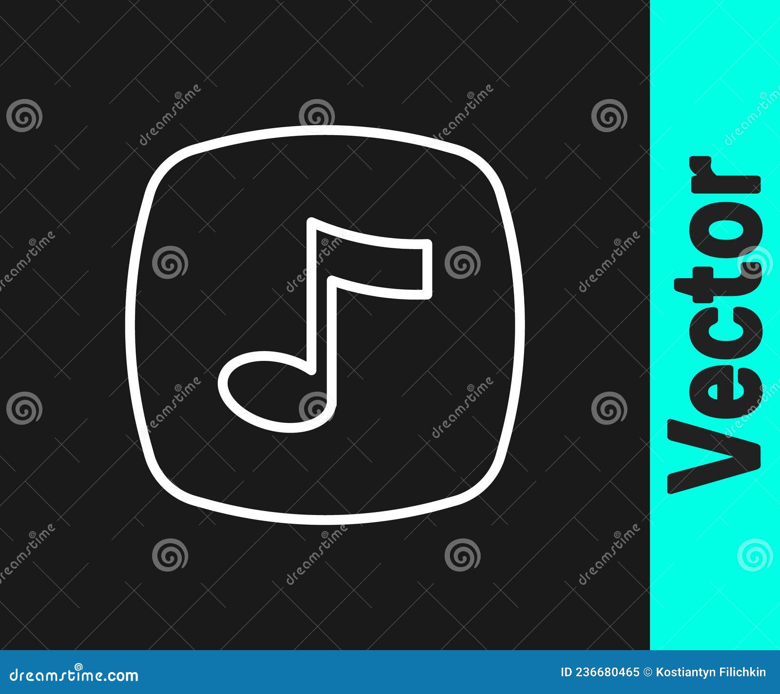 White Line Music Note, Tone Icon Isolated on Black Background. Vector ...