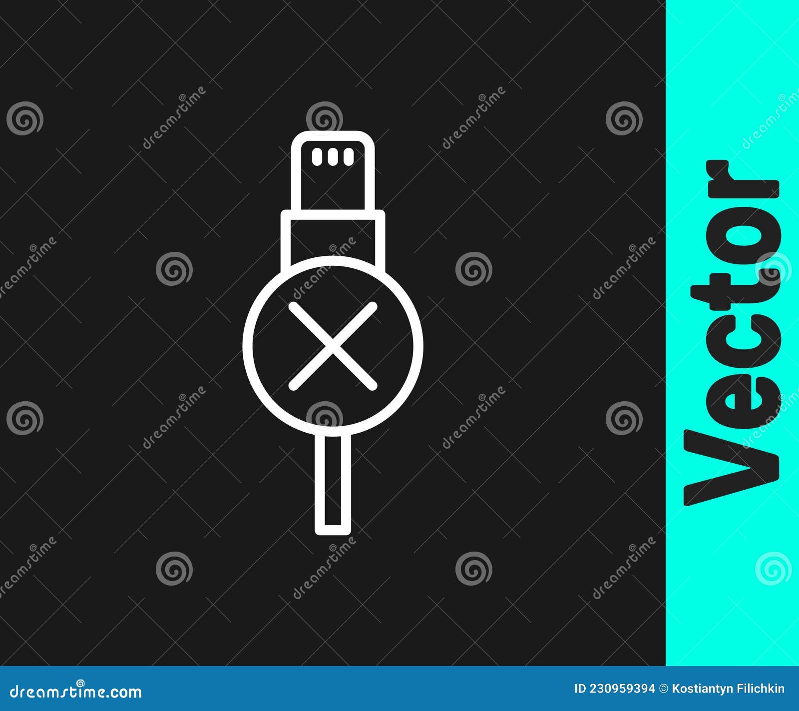 White Line No Usb Cable Cord Icon Isolated on Black Background ...
