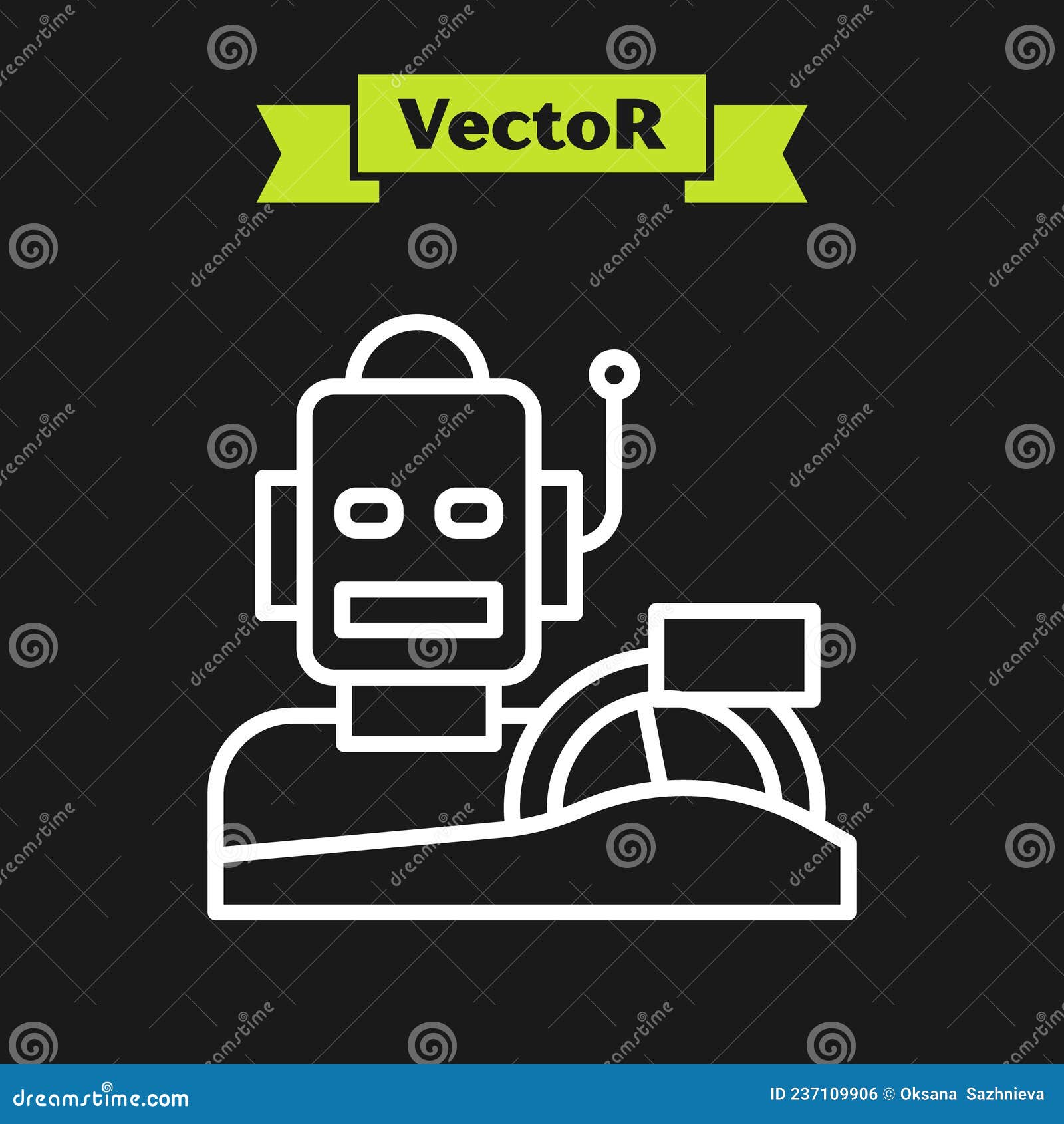 White Line Robot Humanoid Driving a Car Icon Isolated on Black ...