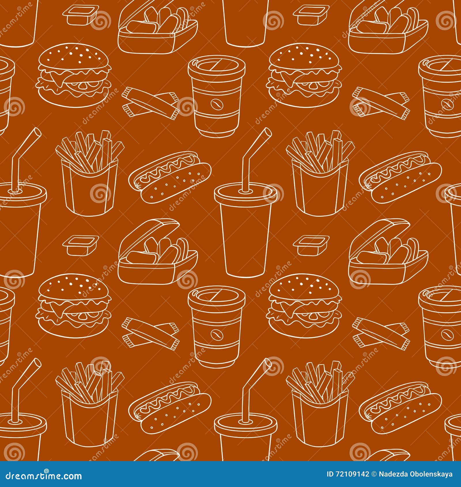 White Line Seamless Pattern with Fast Food Stock Vector - Illustration ...