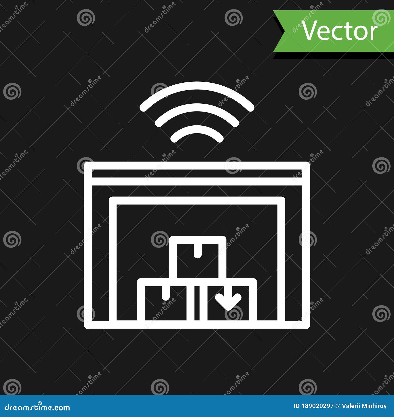White Line Smart Warehouse System Icon Isolated on Black Background ...