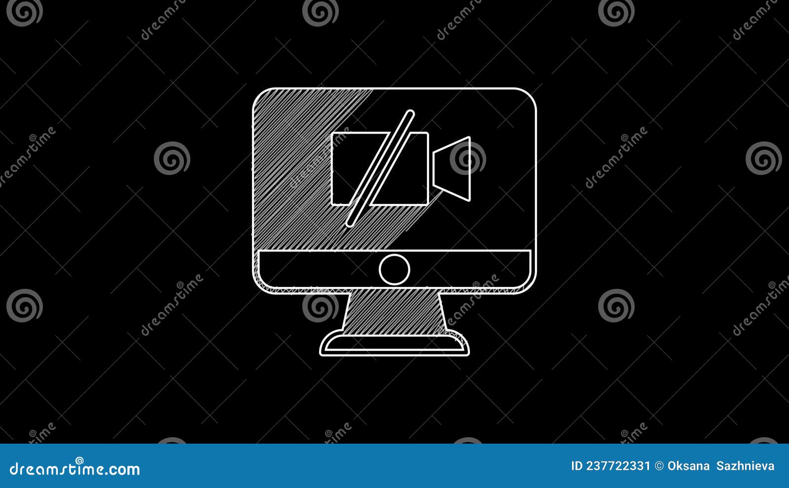 White Line Video Camera Off on Computer Icon Isolated on Black ...