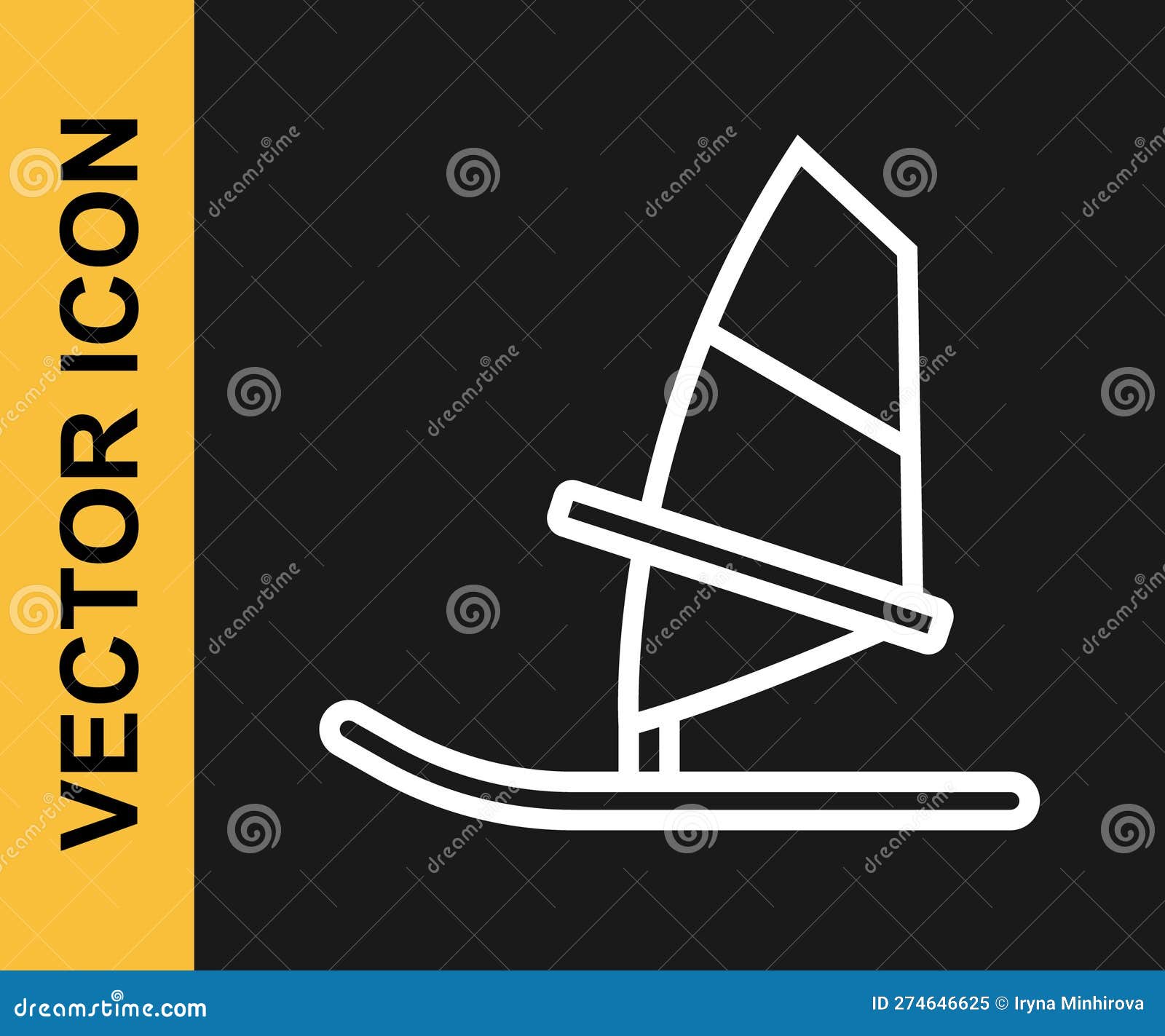 White Line Windsurfing Icon Isolated on Black Background. Vector Stock ...