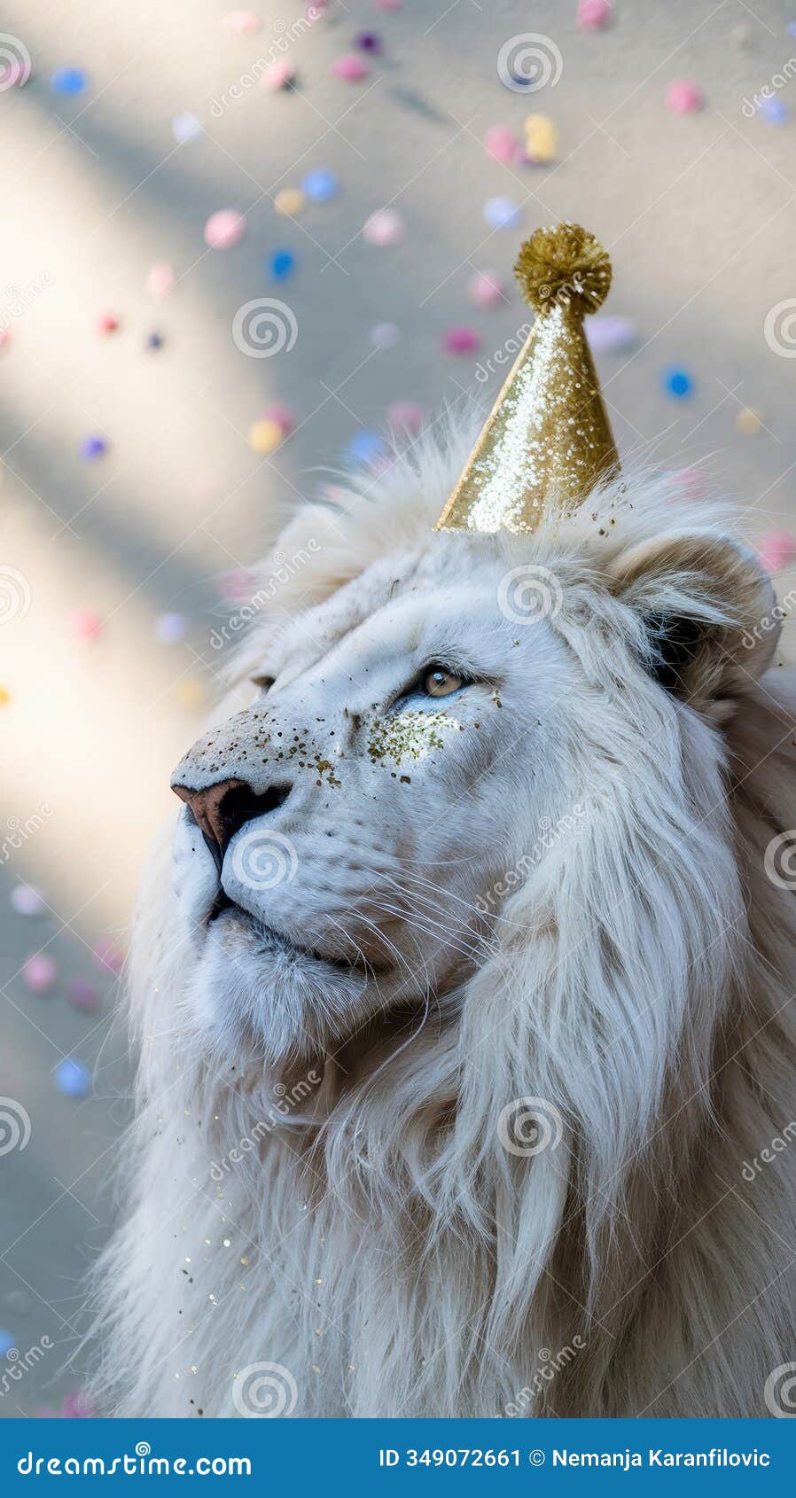 White Lion in Party Hat with Colorful Confetti Background Stock ...