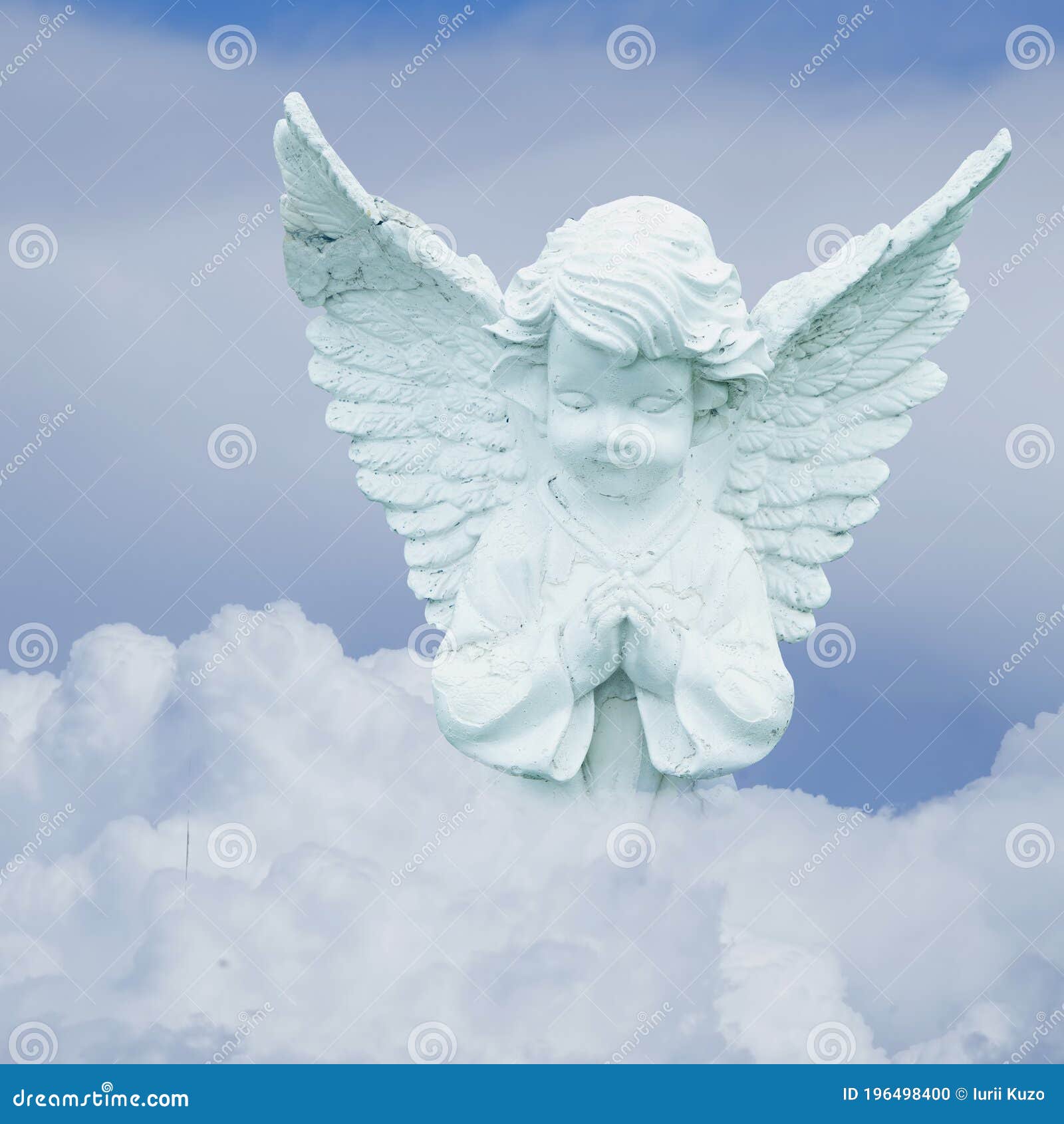 White Little Beautiful Angel Praying on a Cloud in the Sky Stock Photo ...