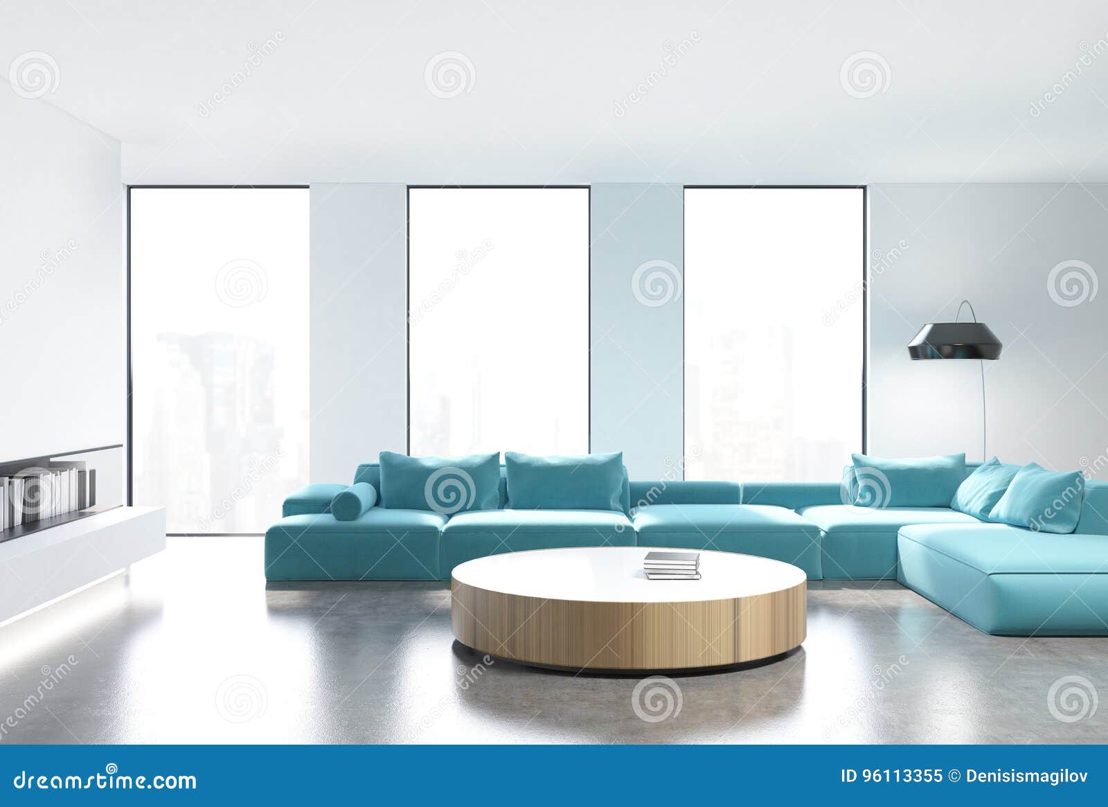 White Living Room Interior, Blue Sofa, Front Stock Illustration ...