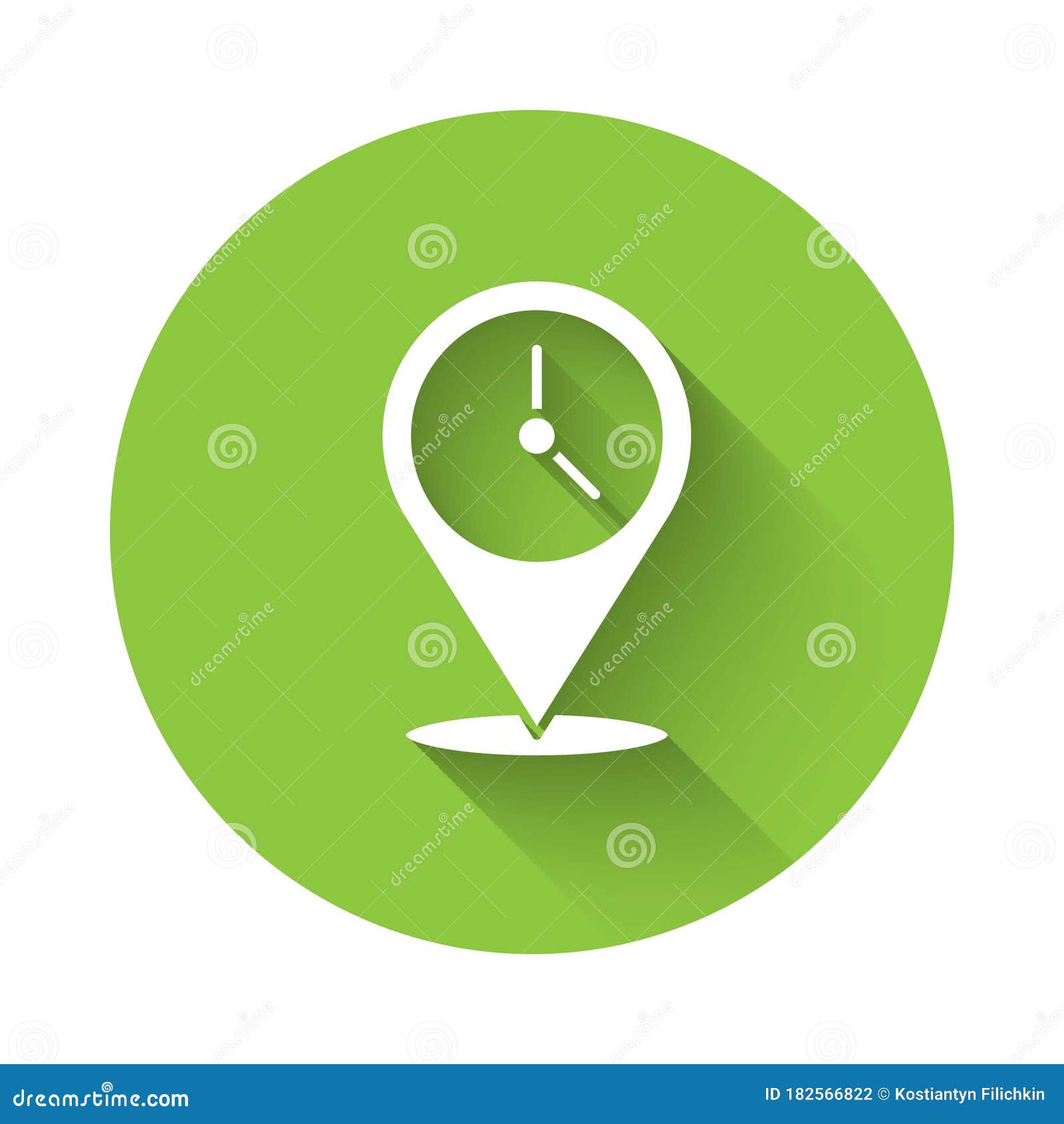 White Location with Clock Icon Isolated with Long Shadow. Green Circle ...