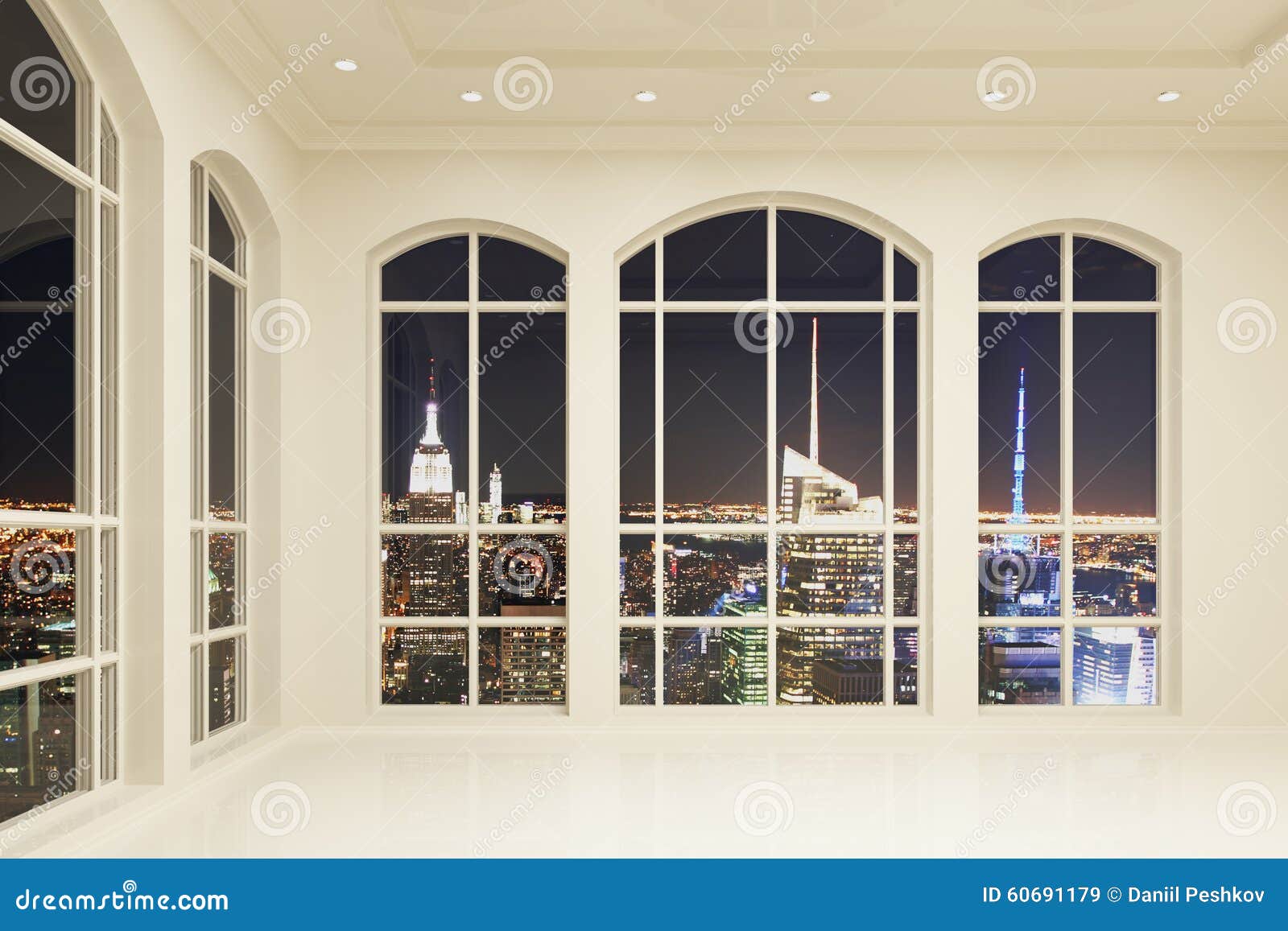 White Loft Interior with Big Windows and City View at Night Stock ...