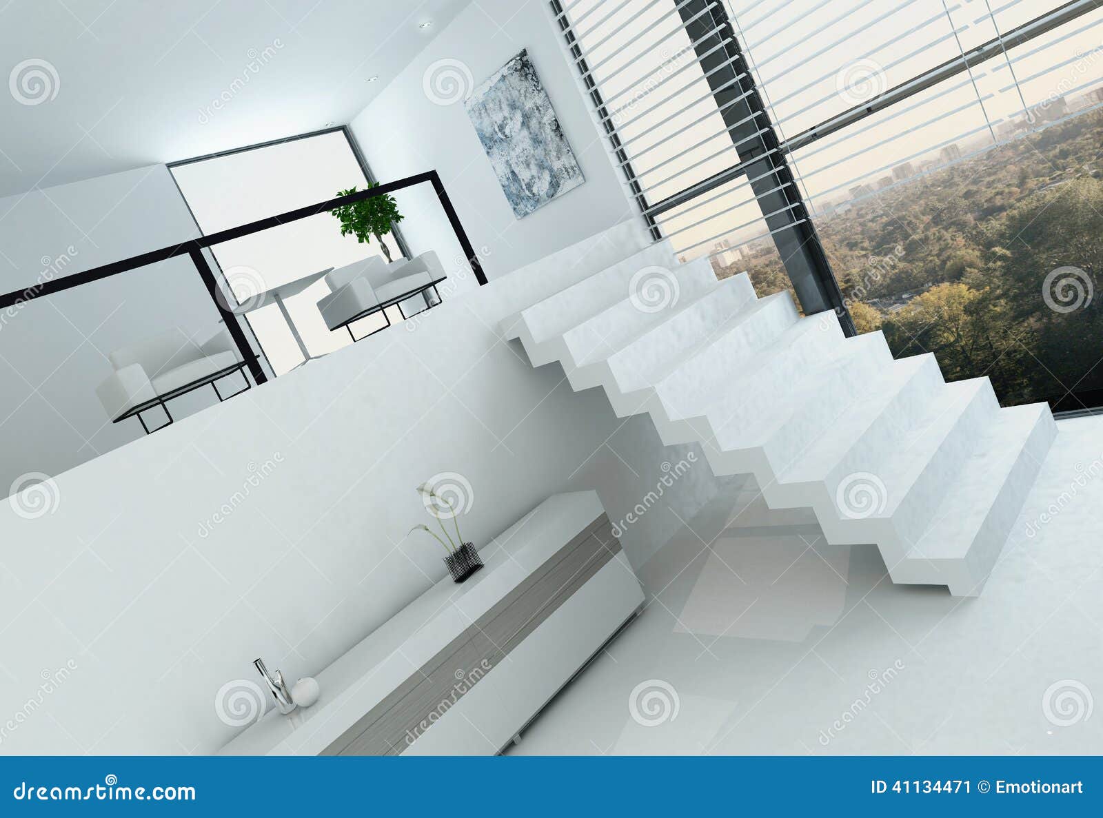 White Loft Interior with Floor To Ceiling Window and Stairs Stock ...
