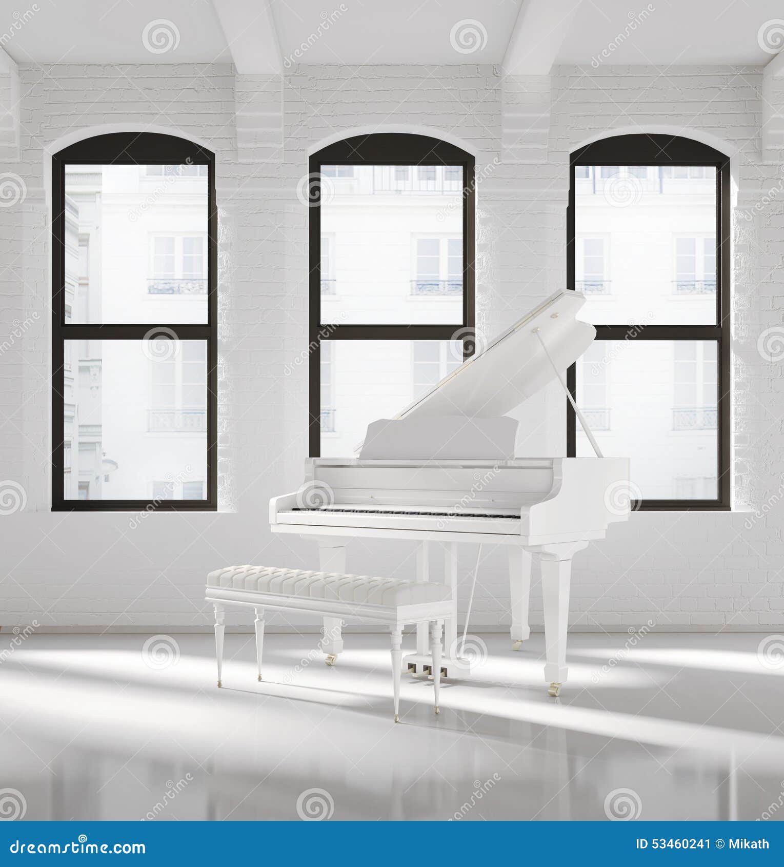 White Loft Interior with a White Piano Stock Image - Image of decoraton ...
