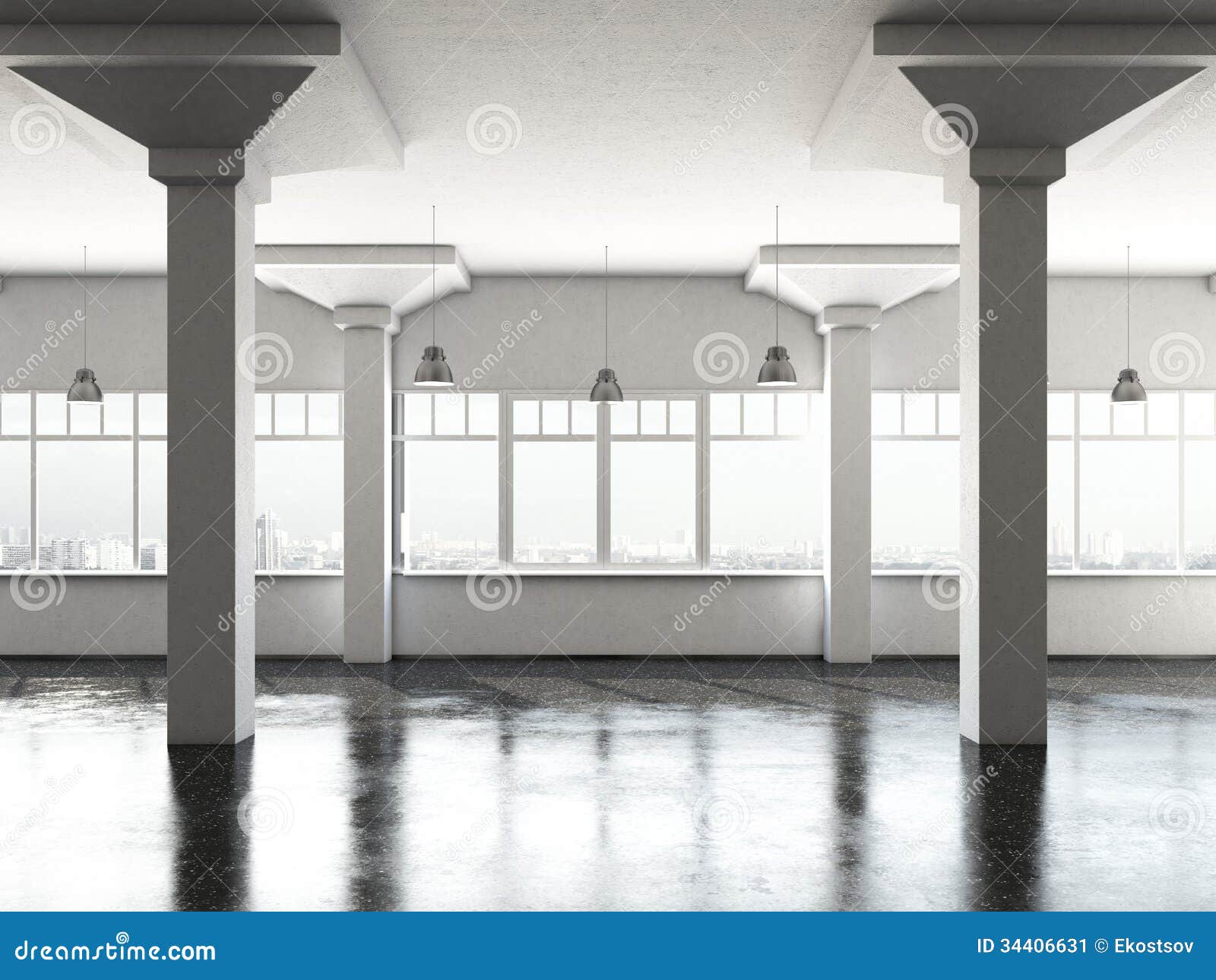 White Loft Room with Columns Stock Illustration - Illustration of ...