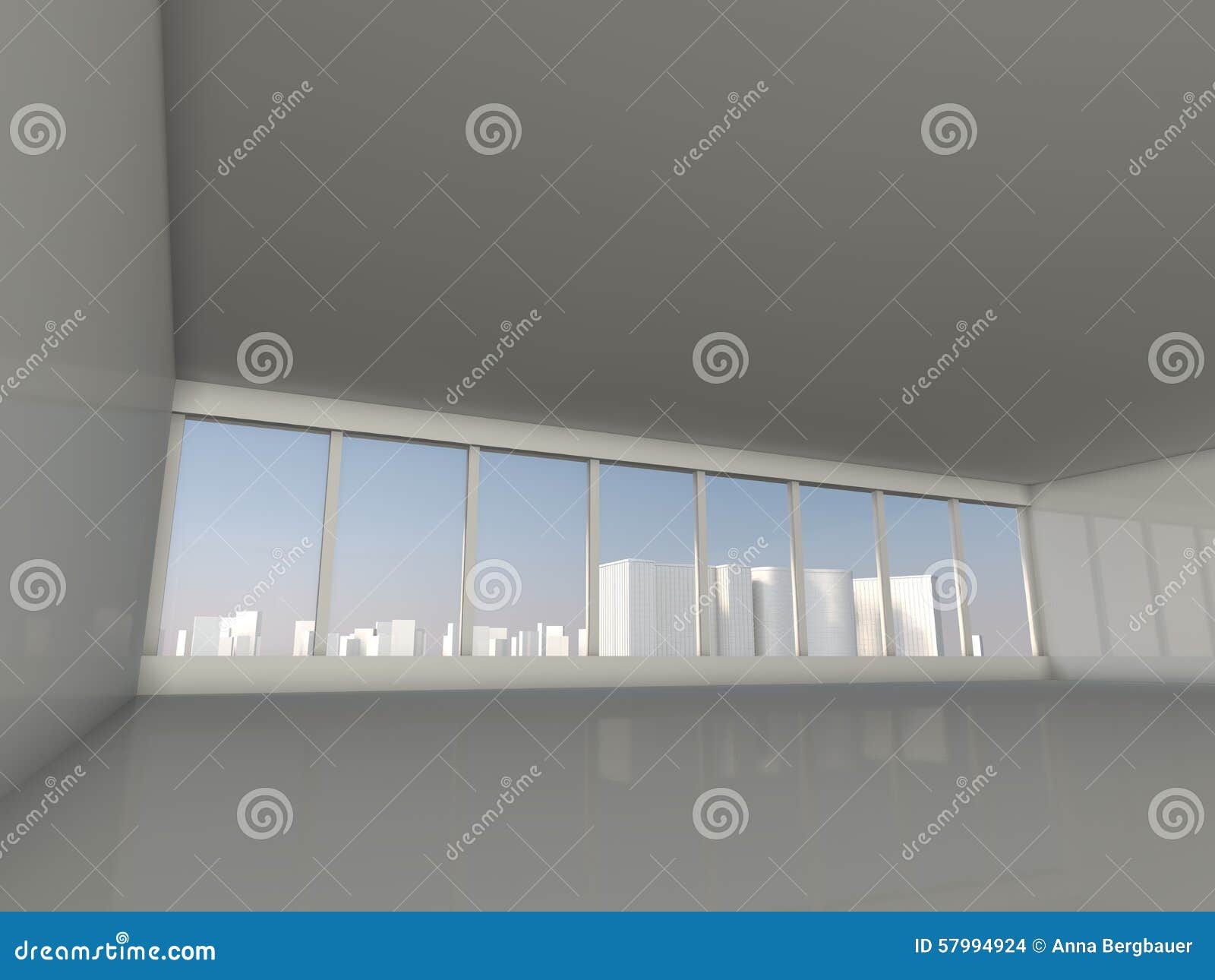 White Loft with Window To City 3D Rendering Stock Photo - Image of ...