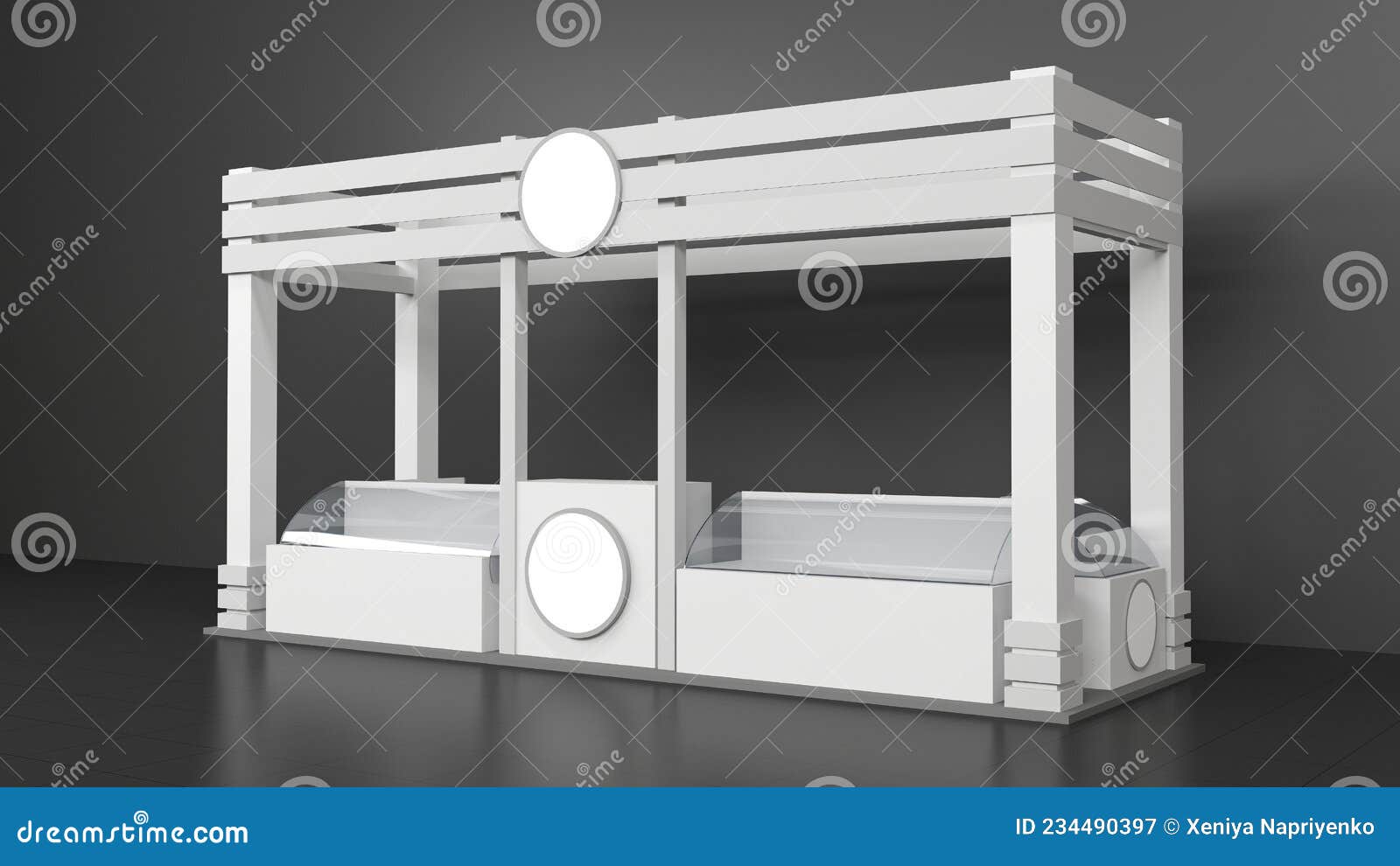 White Long Booth or Kiosk with Banner from Front View. Render Stock ...