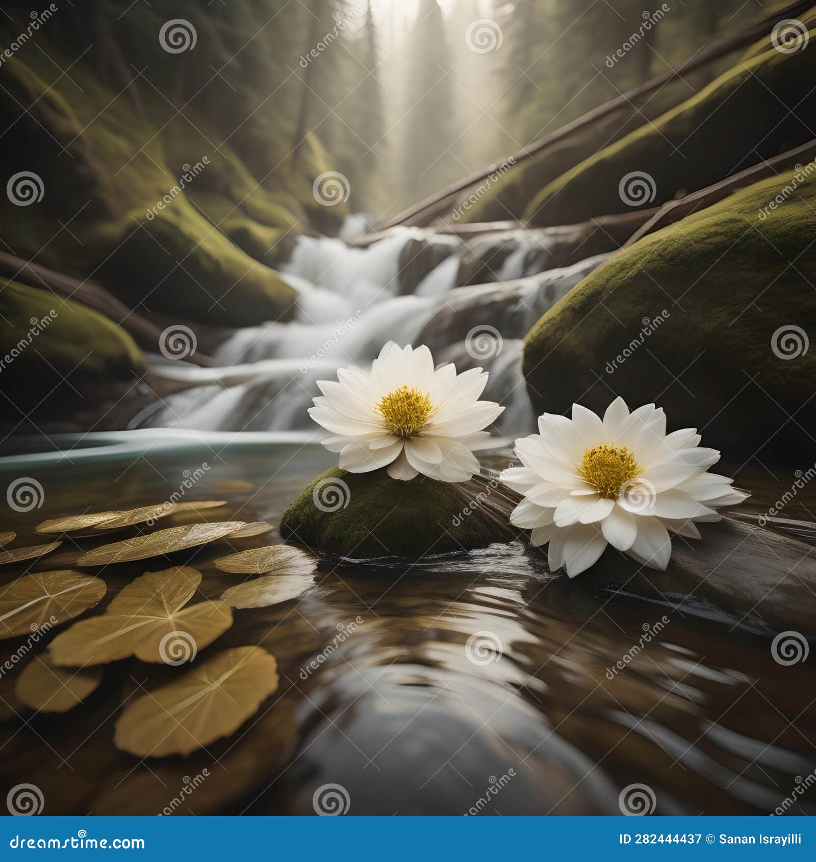 White Lotus Flower on the Rock in the Forest with Waterfall Background ...