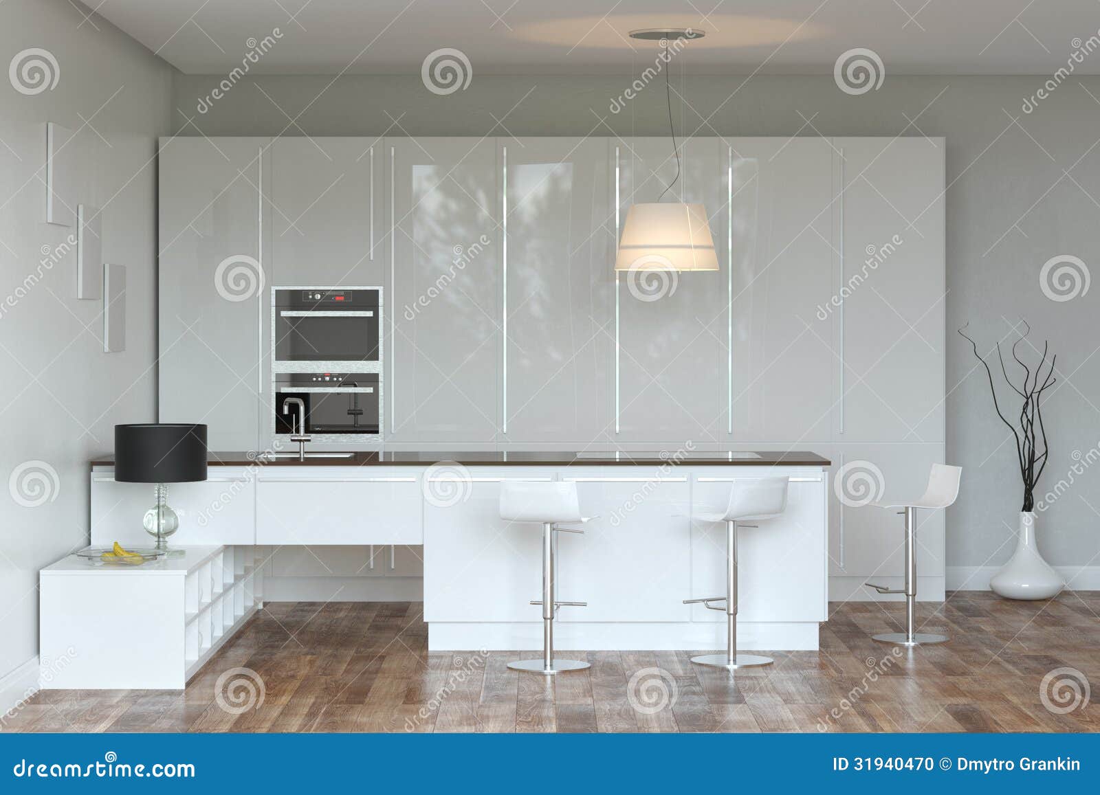 White Luxury Hi-Tech Kitchen with Bar (Front View) Stock Photo - Image ...