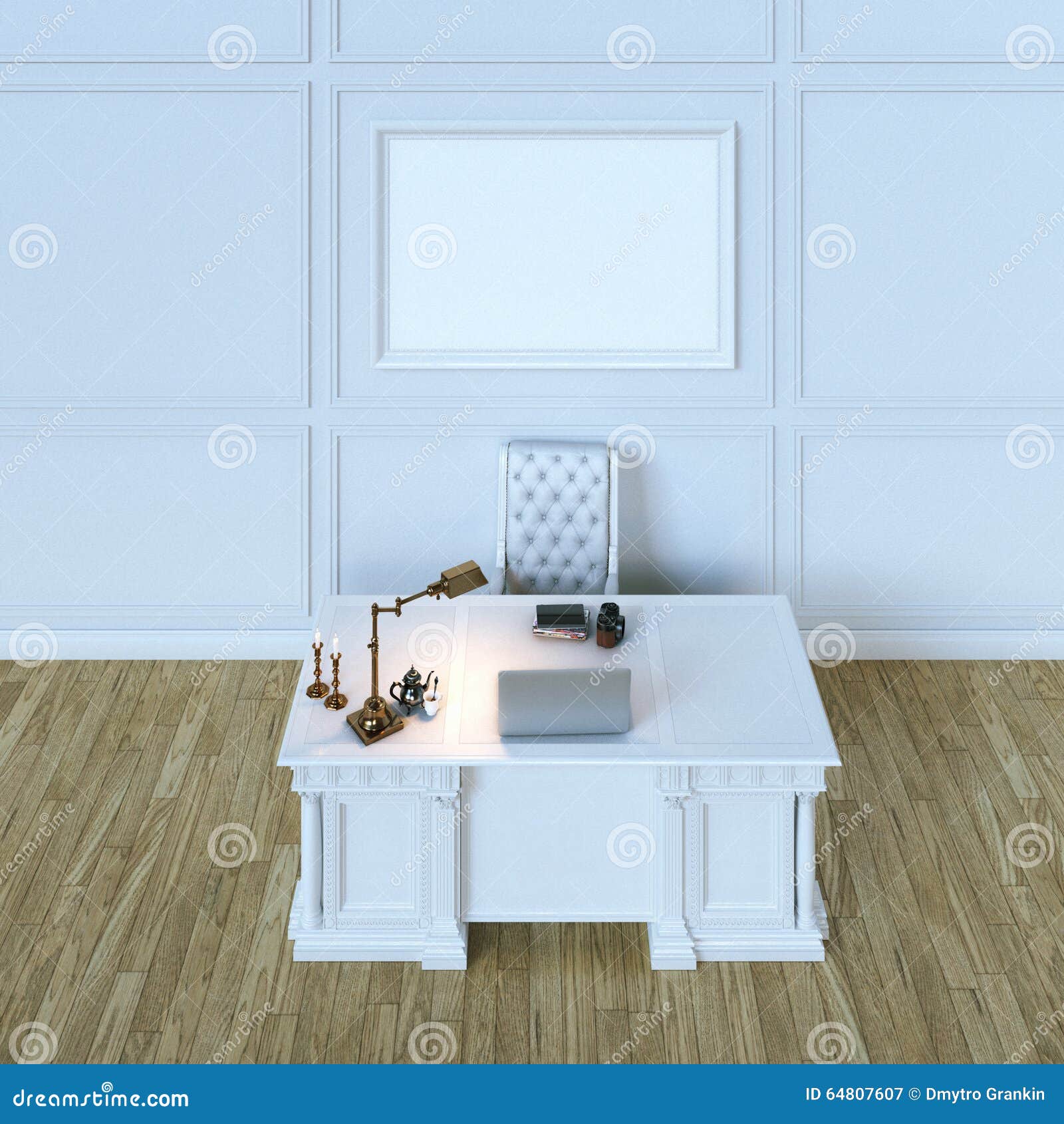 White Luxury Wooden Office Cabinet with Mock Up Canvas. Top View Stock ...