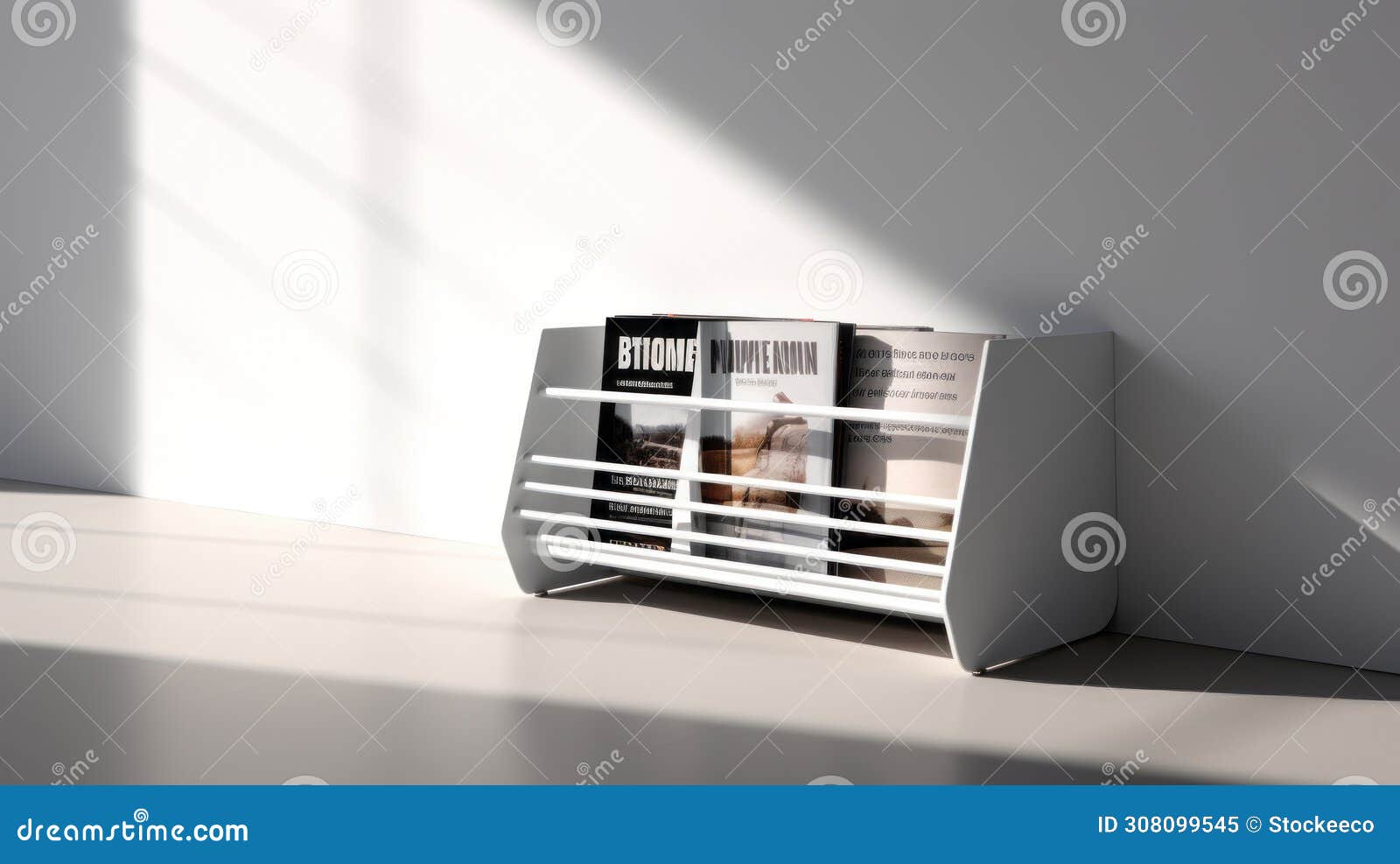 Modern Magazine Rack with Moody Shadows on Plain White Background Stock ...