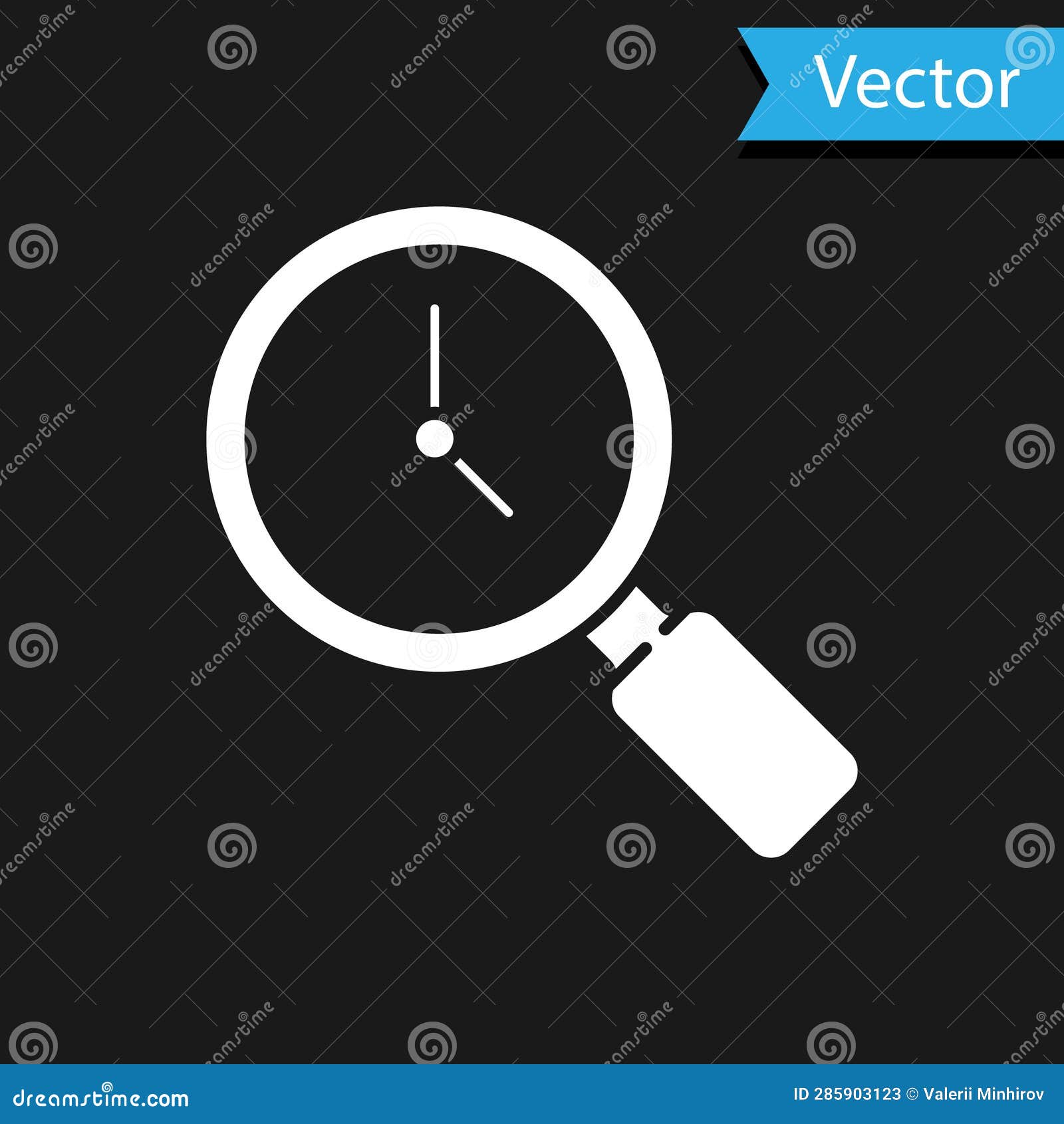 White Magnifying Glass with Clock Icon Isolated on Black Background ...