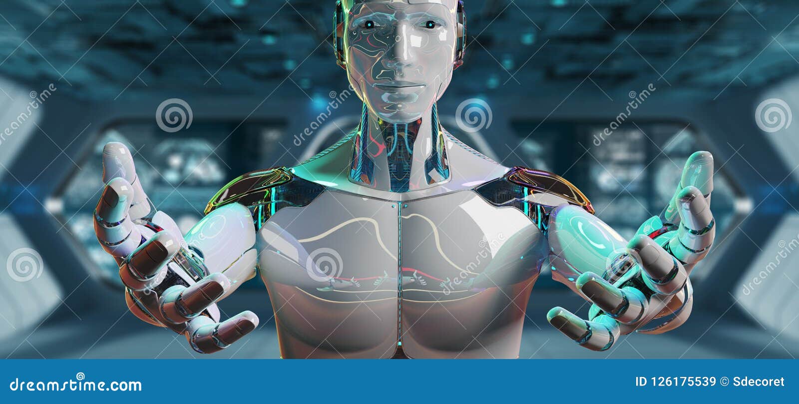 White Male Cyborg Opening His Two Hands 3D Rendering Stock Illustration ...