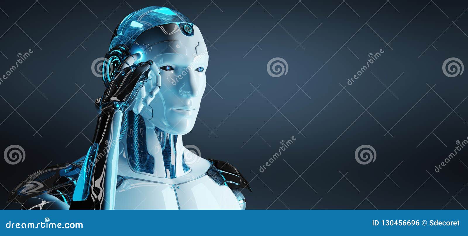 White Male Cyborg Thinking and Touching His Head 3D Rendering Stock ...