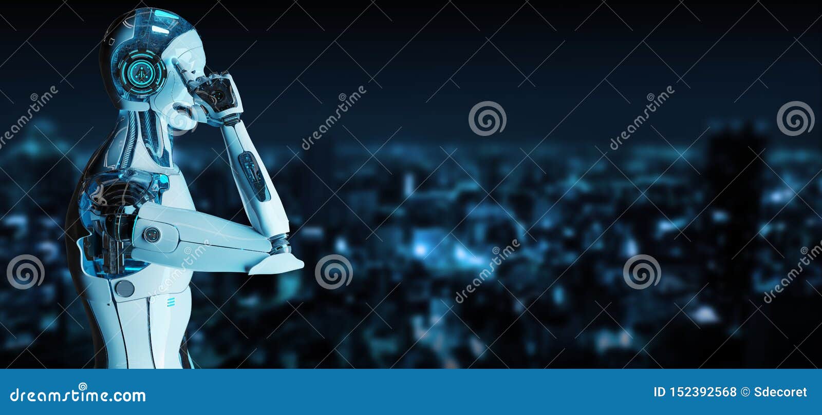 White Male Cyborg Thinking and Touching His Head 3D Rendering Stock ...