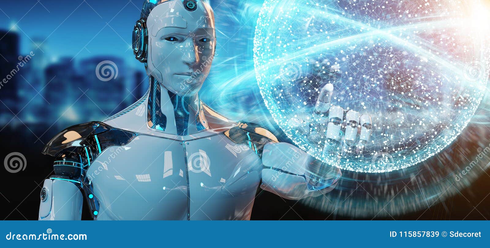 White Male Humanoid Using Digital Global Network 3D Rendering Stock ...