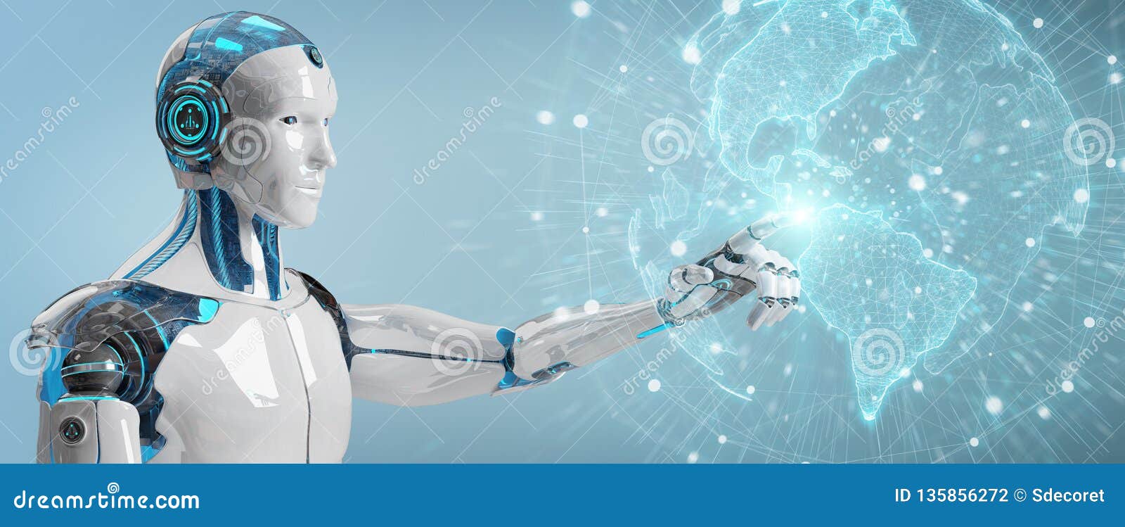 White Man Cyborg Using Planet Earth Interface 3D Rendering Stock ...