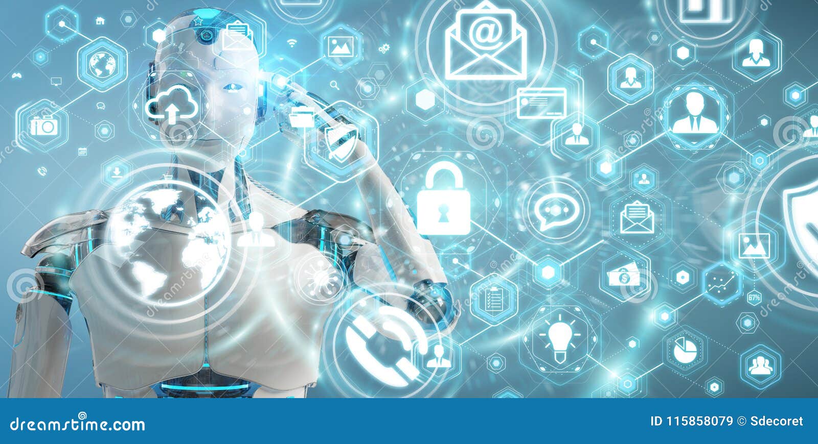 White Man Robot Using Cyber Security Data Interface 3D Rendering Stock ...