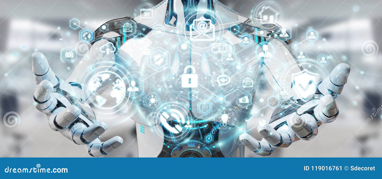 White Man Robot Using Cyber Security Data Interface 3D Rendering Stock ...