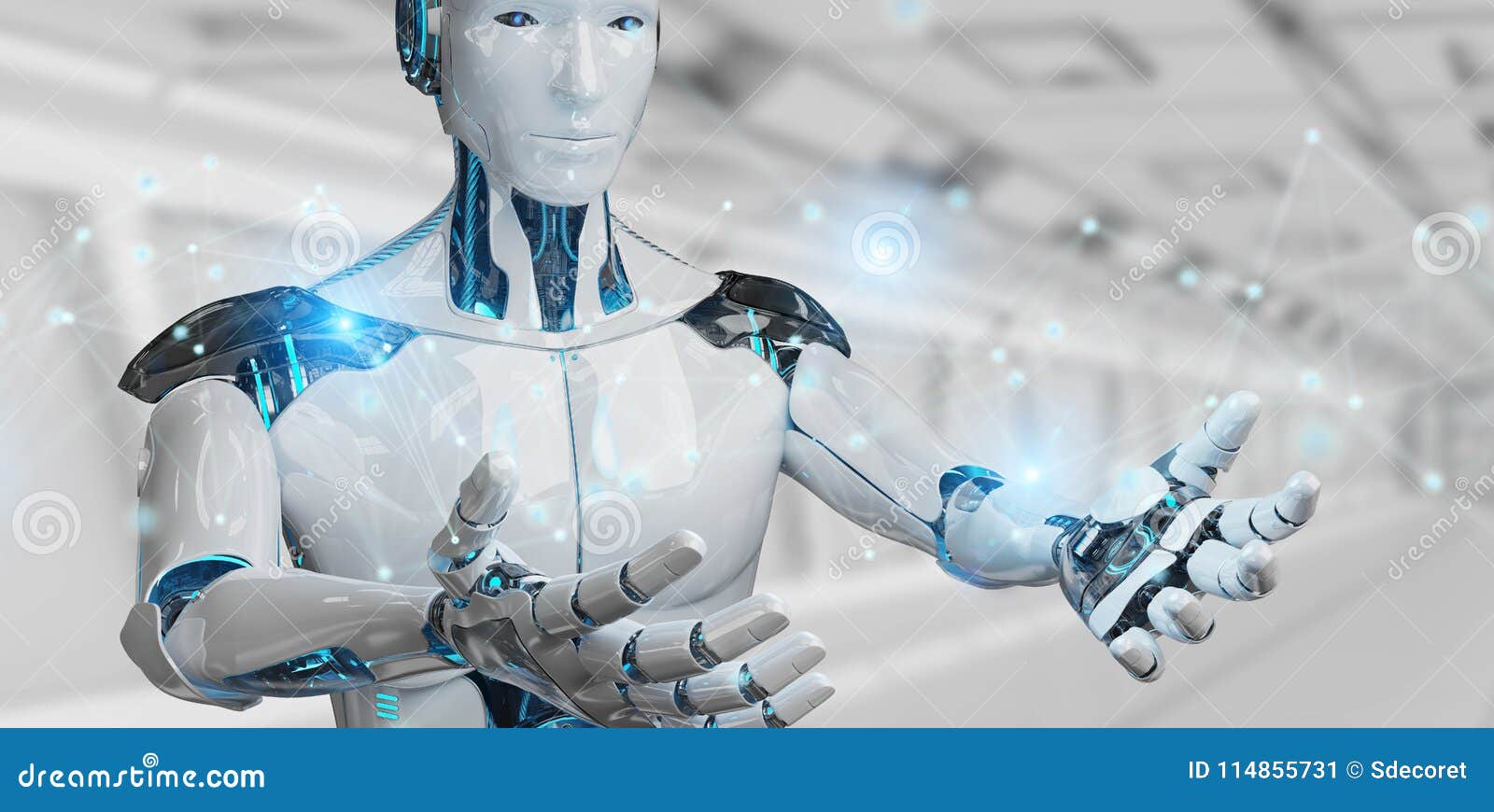 White Man Robot Using Digital Network Connection 3D Rendering Stock ...