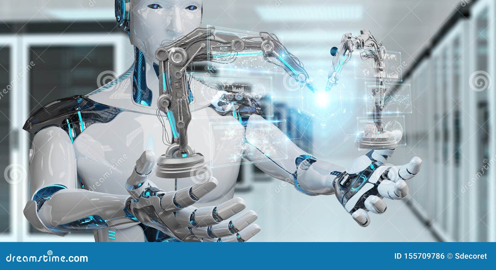 White Man Robot Using Robotics Arms with Digital Screen 3D Rendering ...