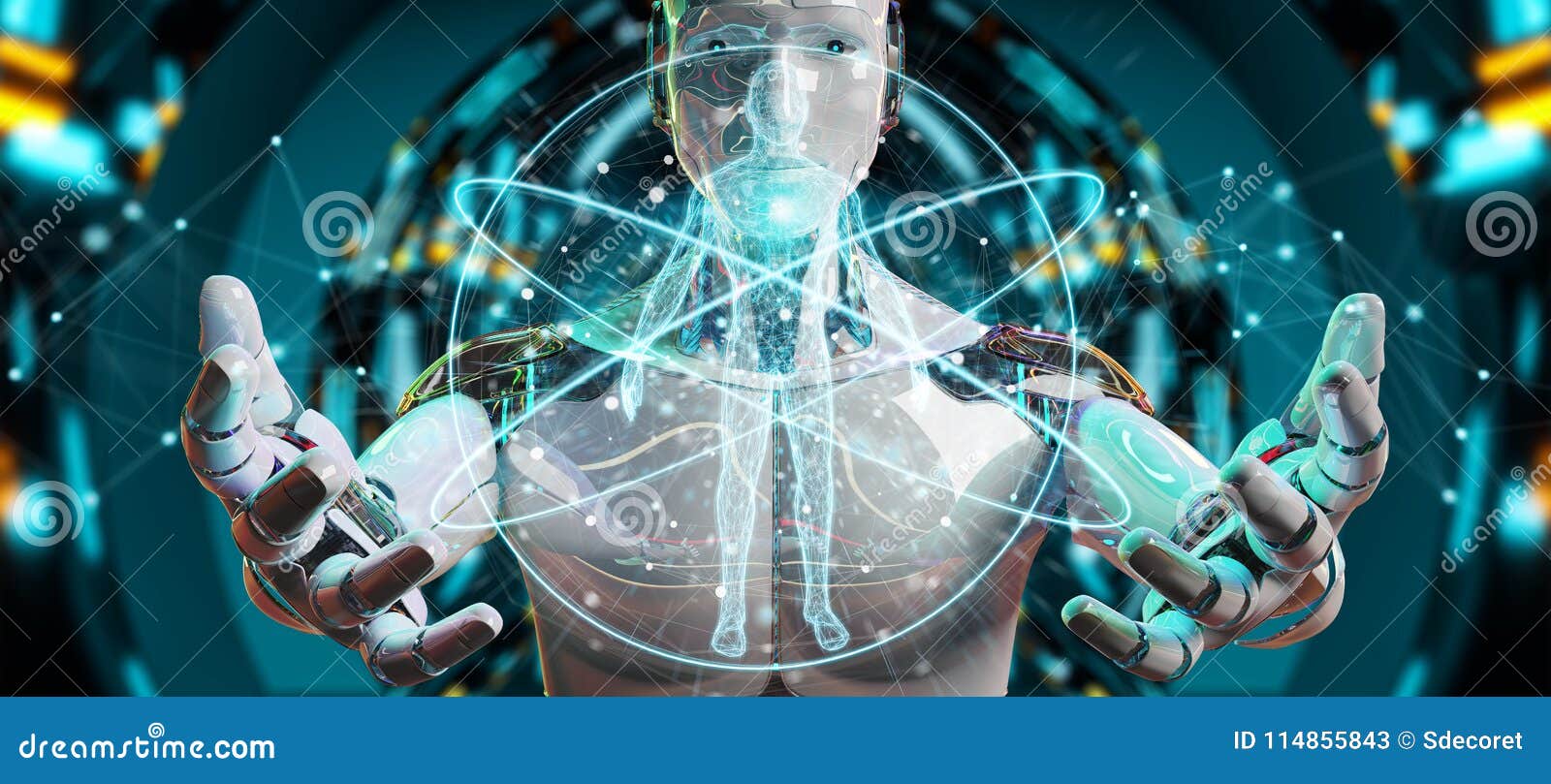 White Man Robot Scanning Human Body 3D Rendering Stock Illustration ...